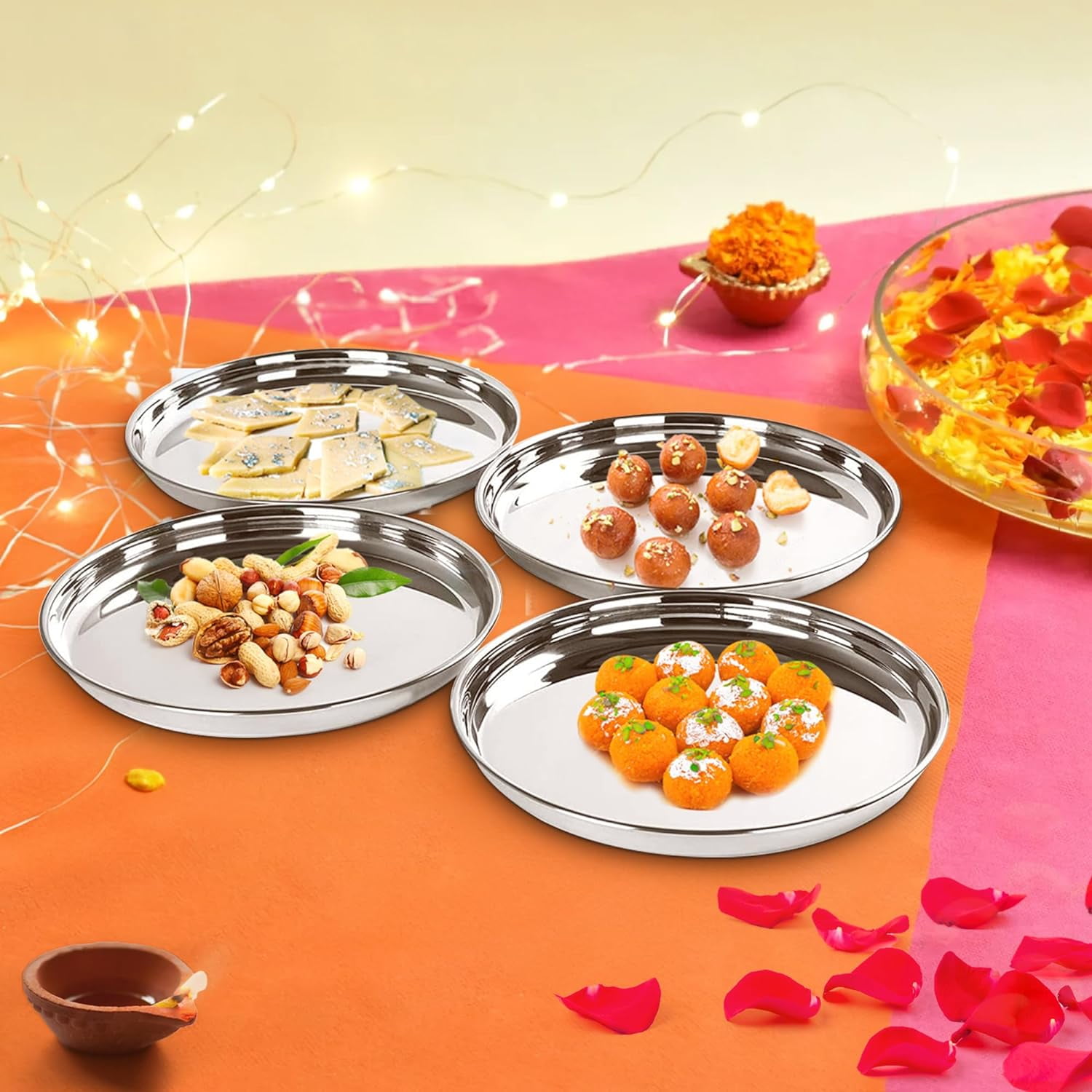 SAVYA HOME 4 Pcs Big Steel Plate Set Stainless Steel Dinner Plate Set ...