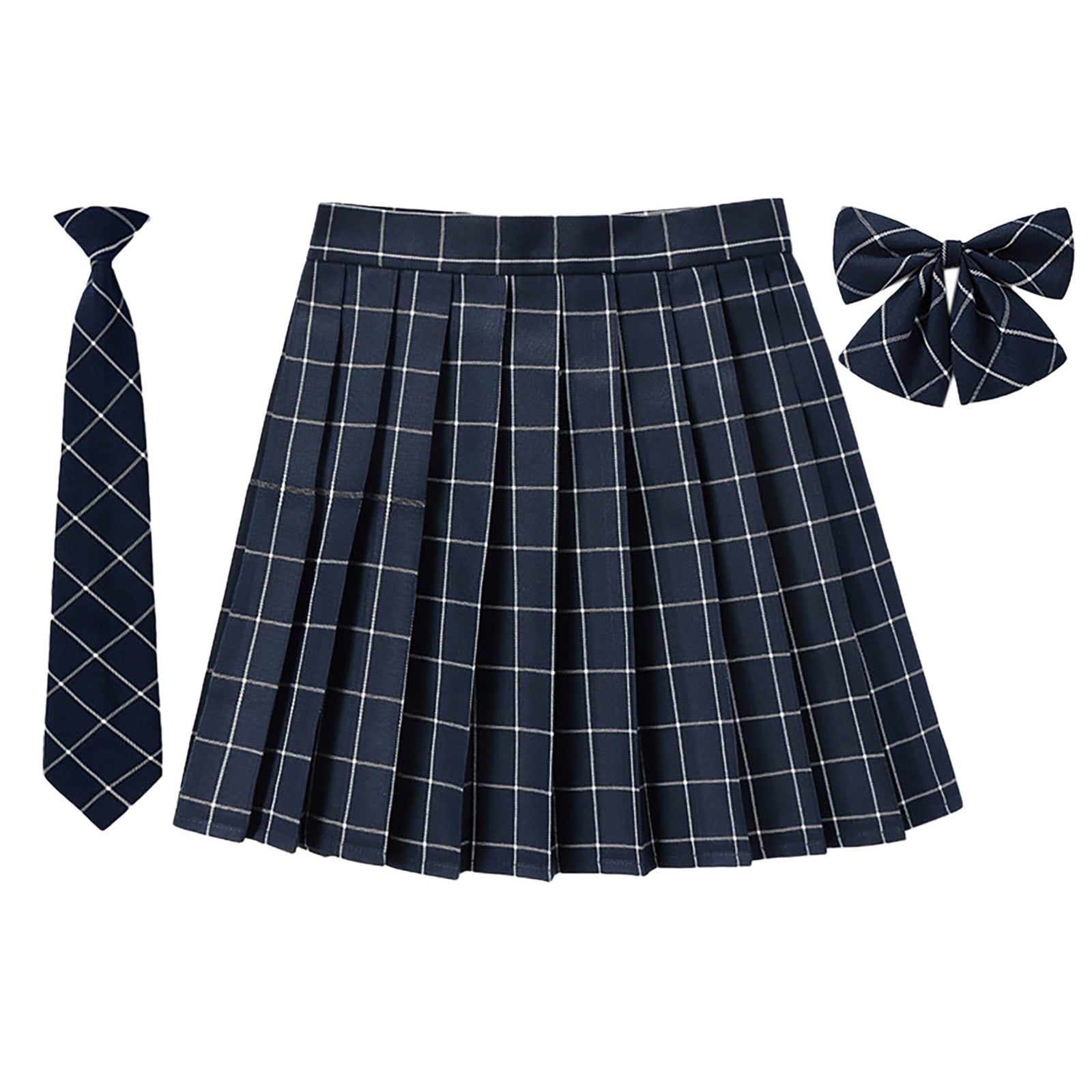 SAWKMW Women's Girl Plaid JK Pleated Skirt High Waist Miniskirt Bow Tie Suit Schoolgirl Uniform ...