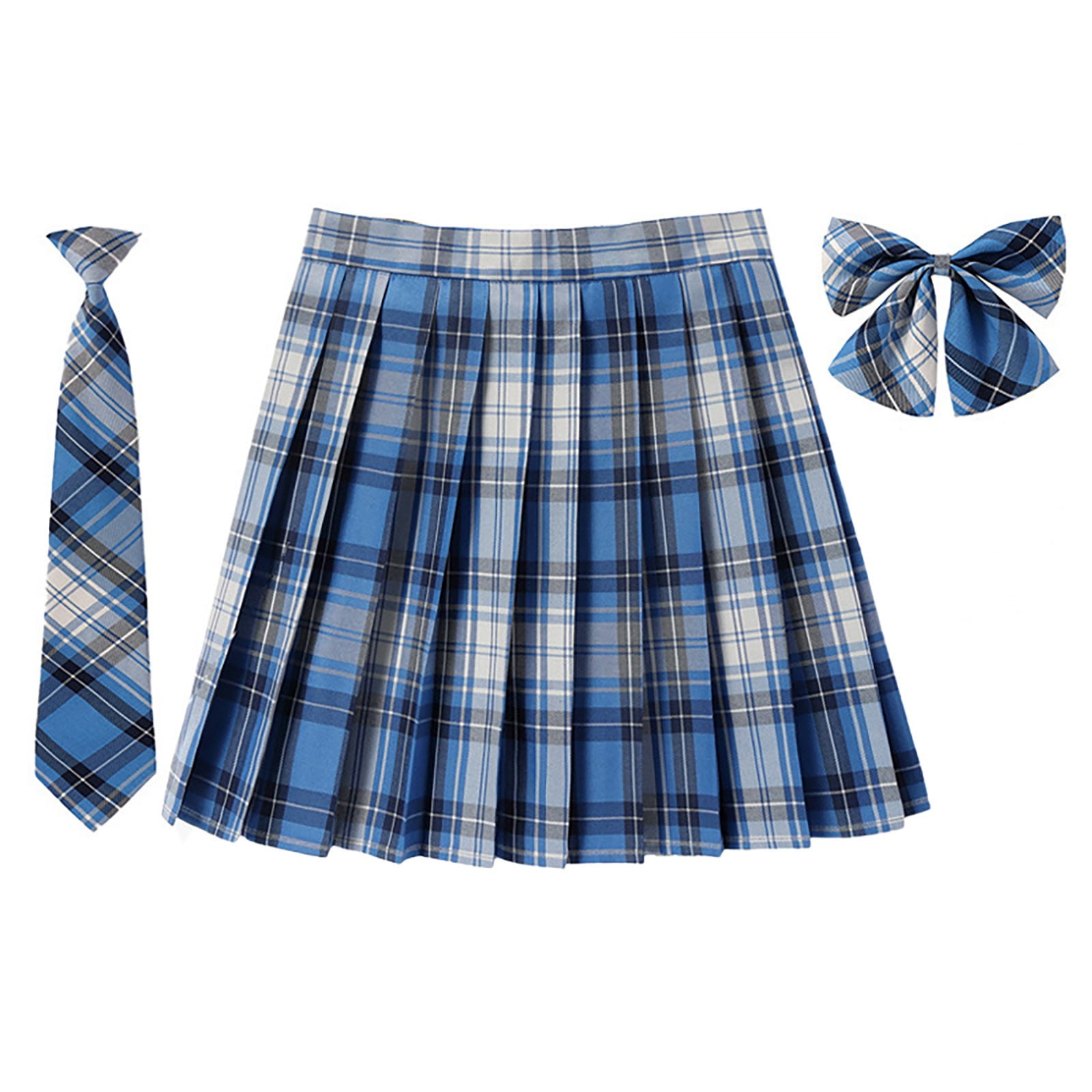 SAWKMW Women's Girl Plaid JK Pleated Skirt High Waist Miniskirt Bow Tie Suit Schoolgirl Uniform ...
