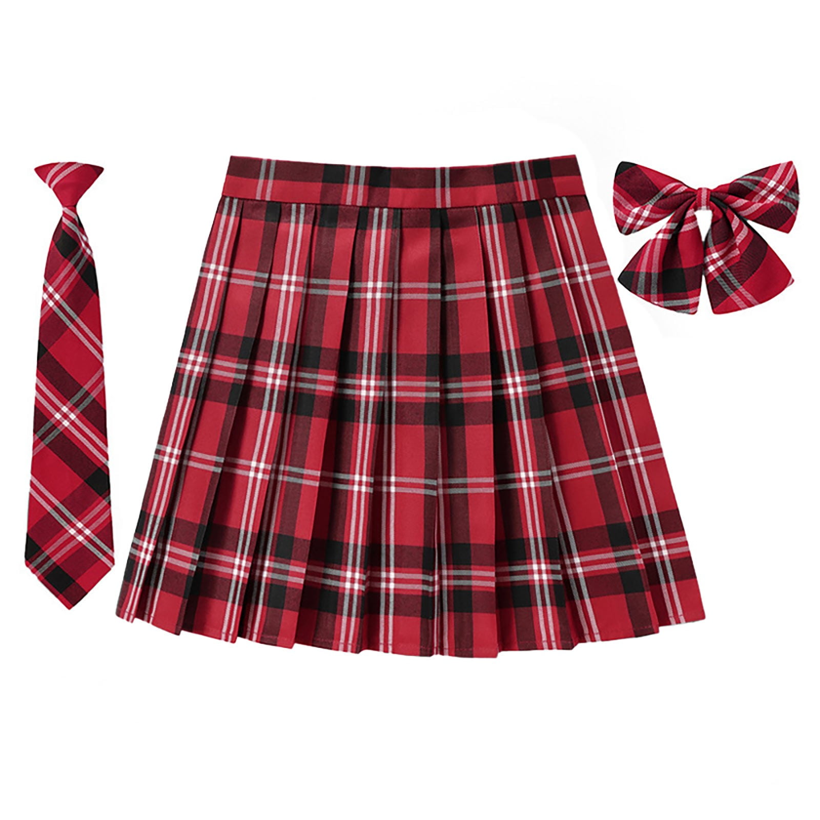 SAWKMW Women's Girl Plaid JK Pleated Skirt High Waist Miniskirt Bow Tie Suit Schoolgirl Uniform ...