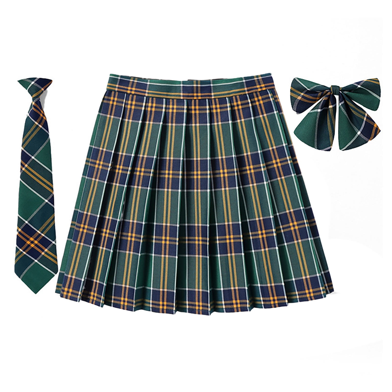 SAWKMW Women's Girls Plaid Pleated Skirt With Necktie Bowtie High Waisted School Uniform A-line ...