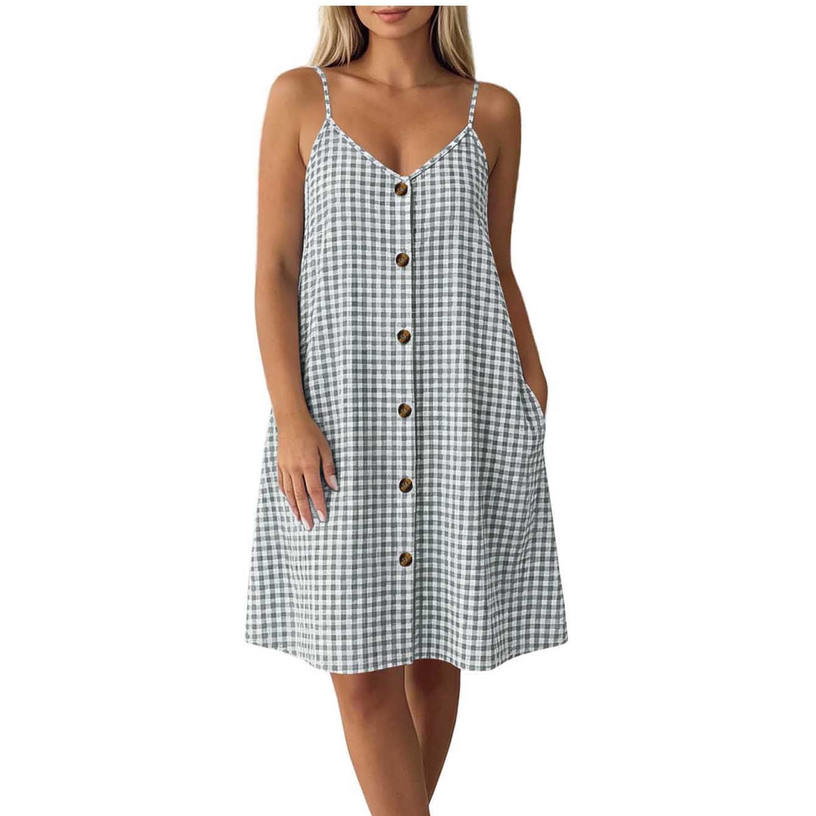 SAWOBUUN Womens Summer Plaid Mini Dress Sleeveless V Neck Button Down ...