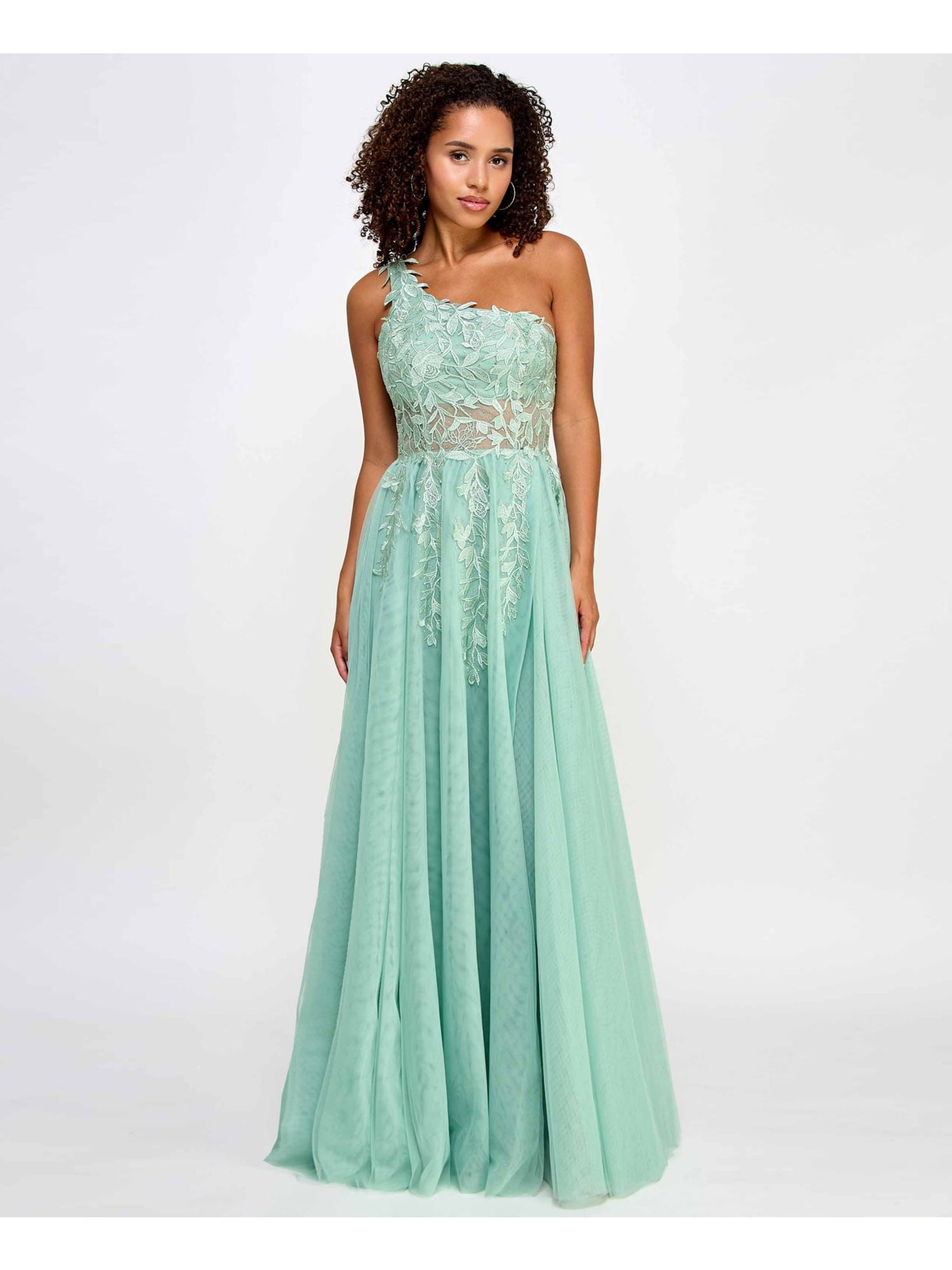 SAY YES TO THE PROM Womens Green Mesh Zippered Slitted Sheer Midriff ...