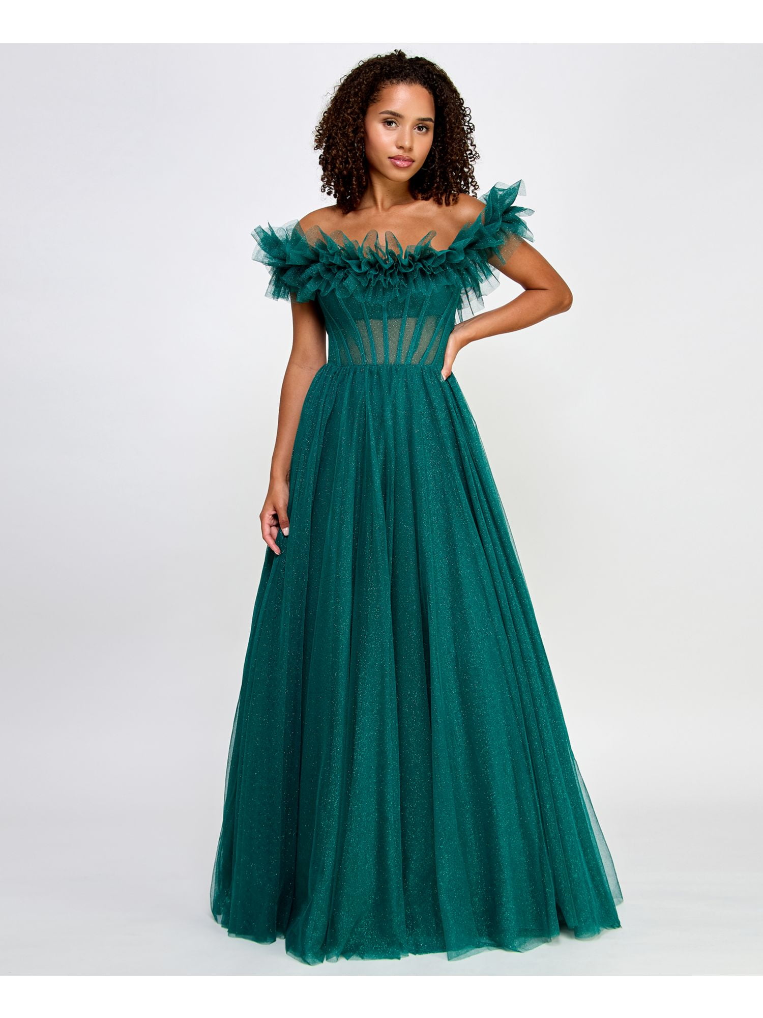 SAY YES TO THE PROM Womens Green Ruffled Zippered Sheer Boned Bodice ...