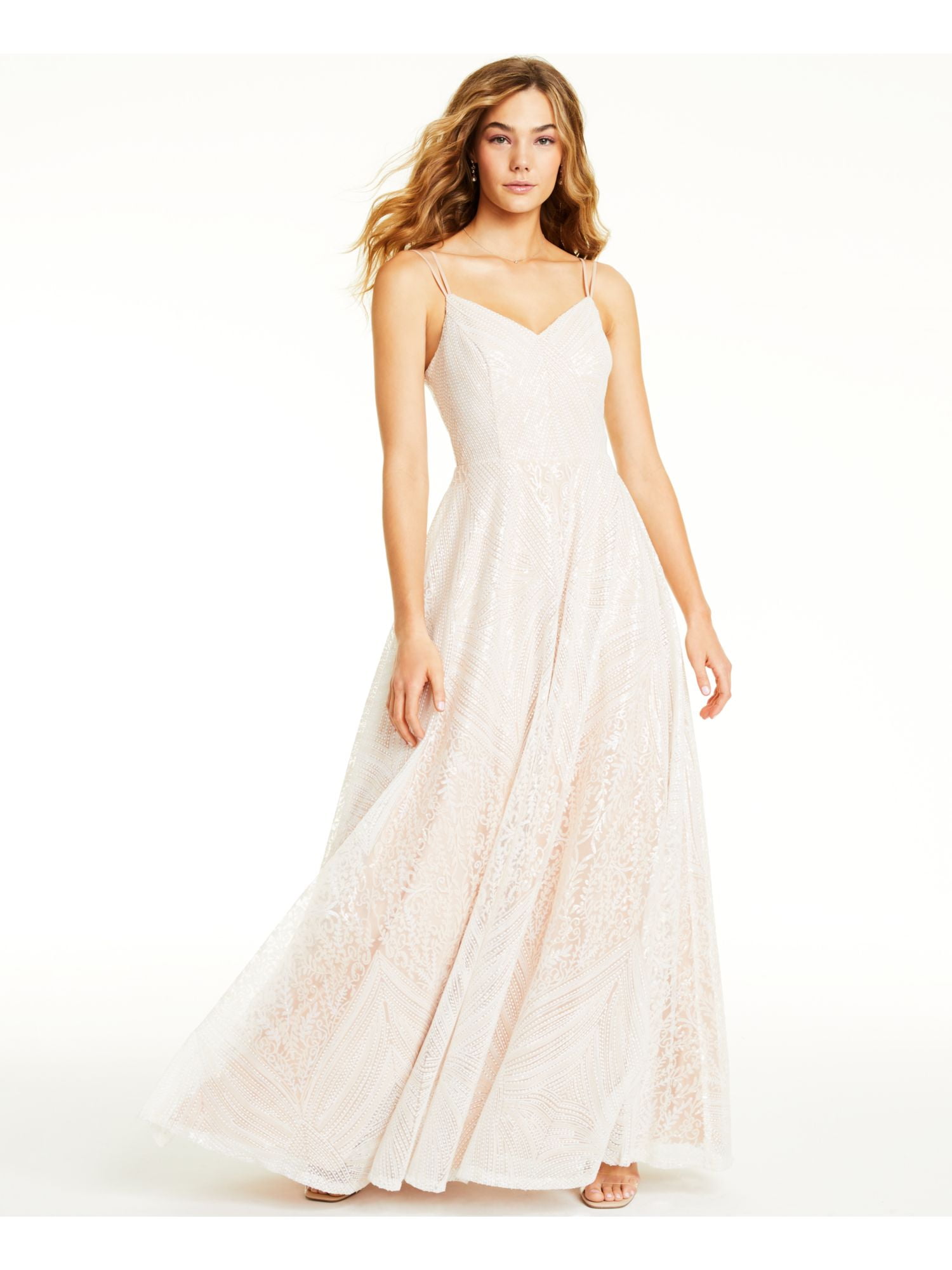 Say Yes to the Prom Ivory Sequined Spaghetti Strap V Neck Fit and Flare ...