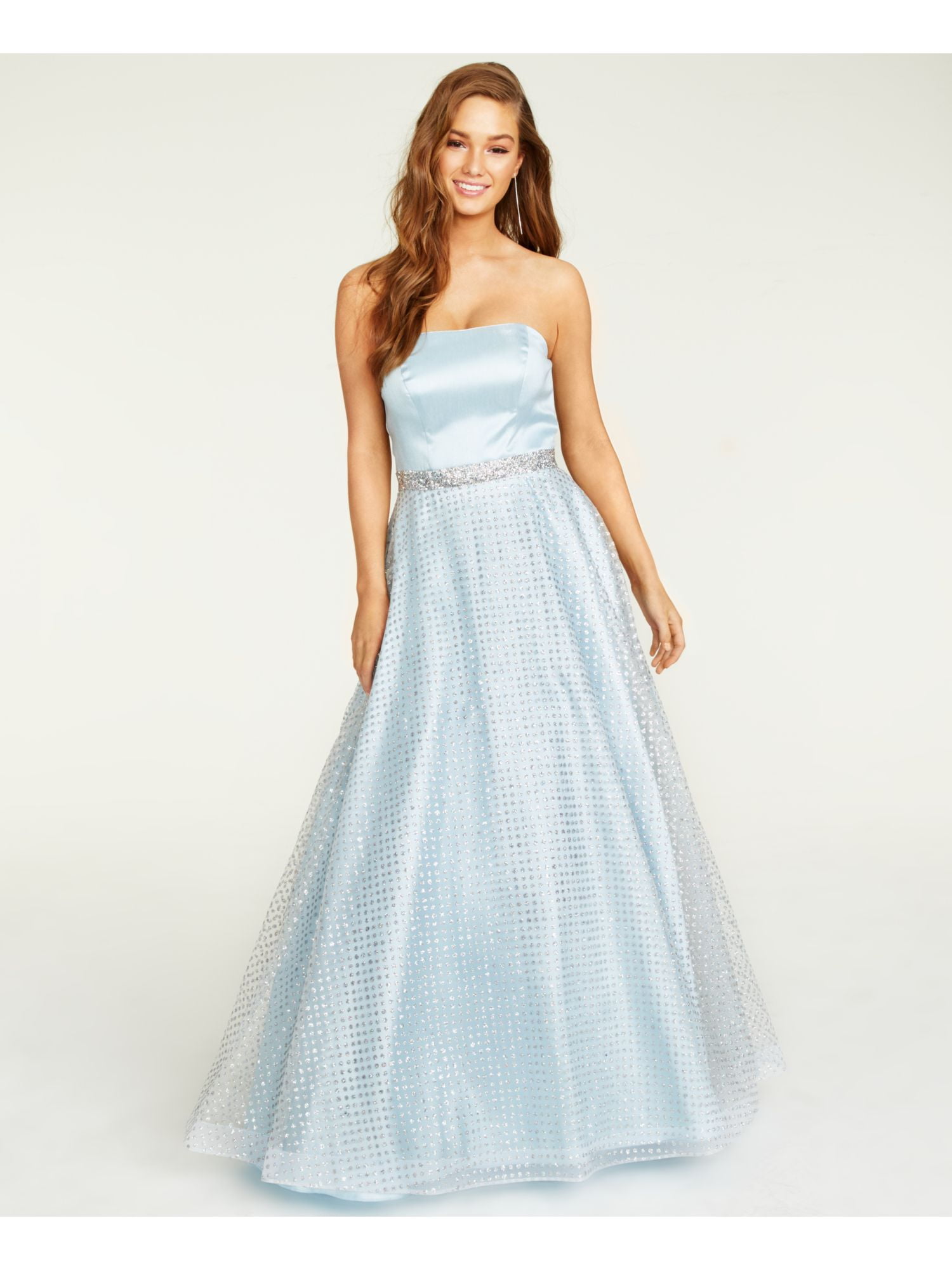 SAY YES TO THE PROM Womens Light Blue Glitter Overlay Sleeveless Full ...