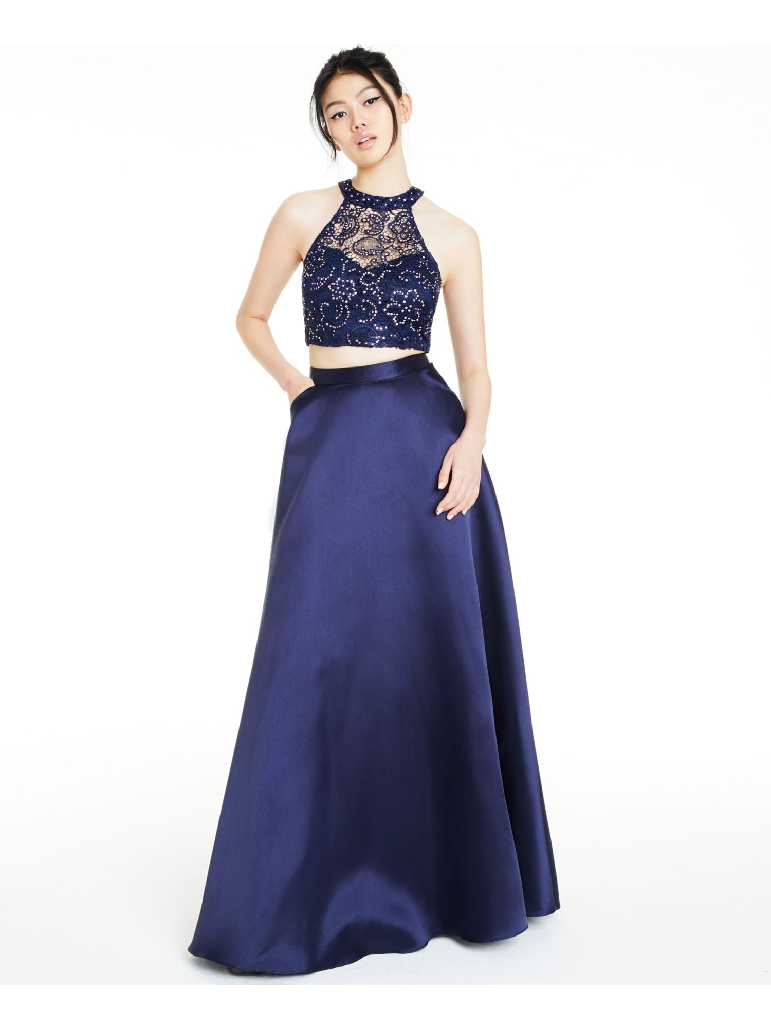 SAY YES TO THE PROM Womens Navy Lace Sleeveless Halter Full-Length ...