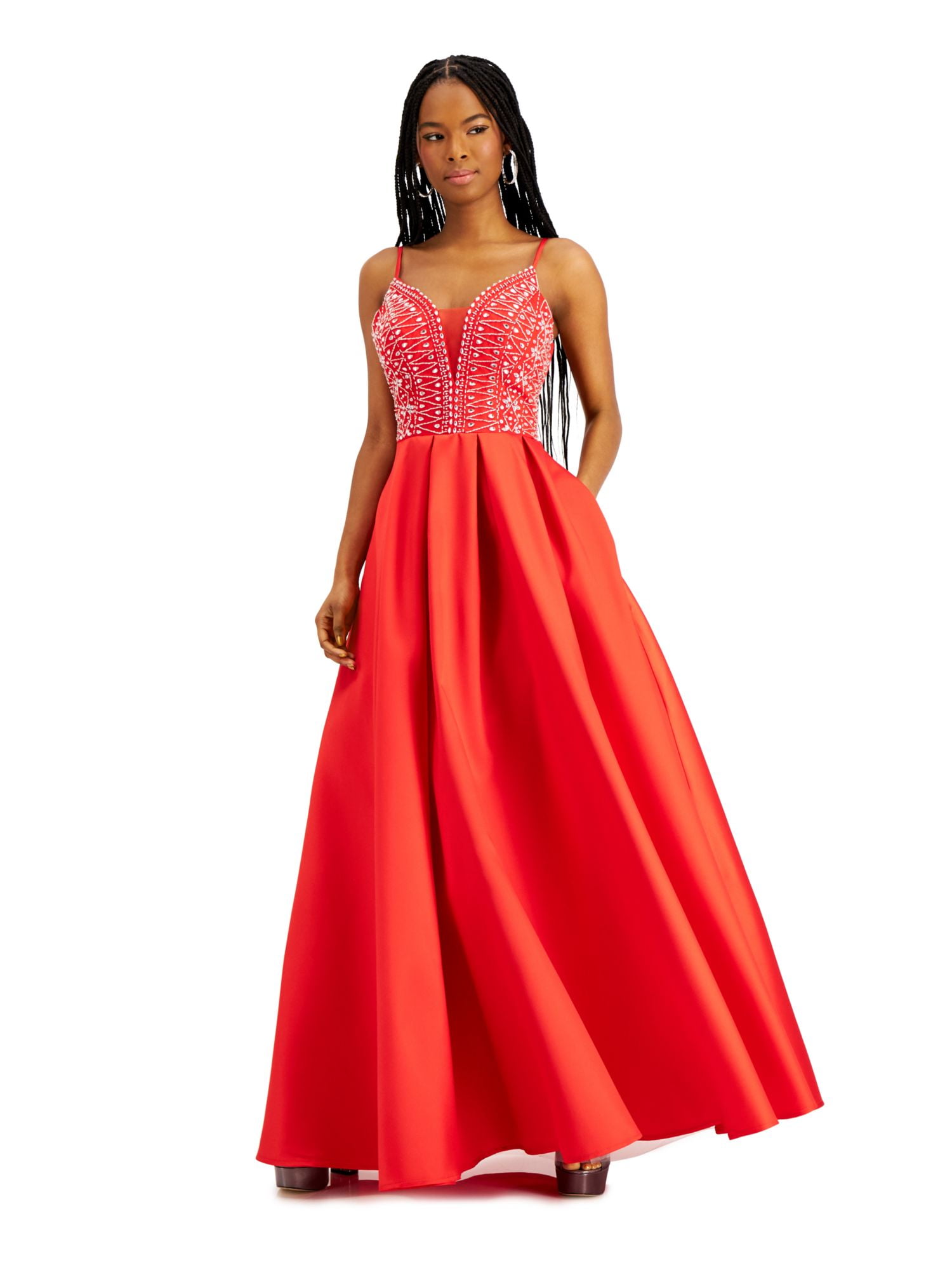 SAY YES TO THE PROM Womens Red Embellished Spaghetti Strap V Neck Full ...