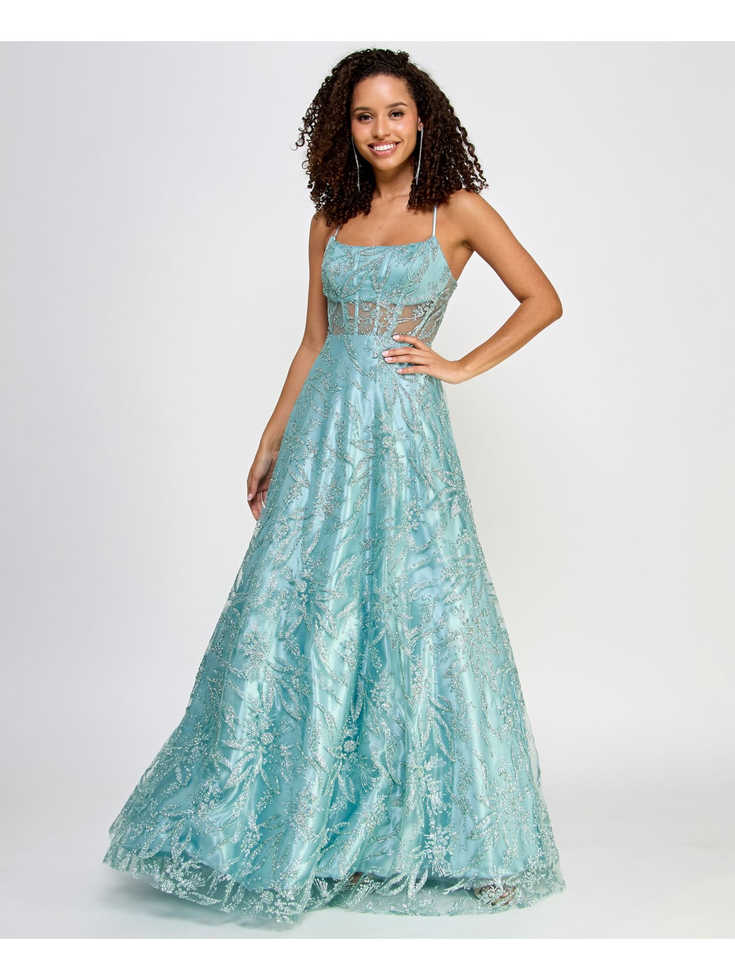 SAY YES TO THE PROM Womens Teal Zippered Pocketed Sheer Boned Bodice ...