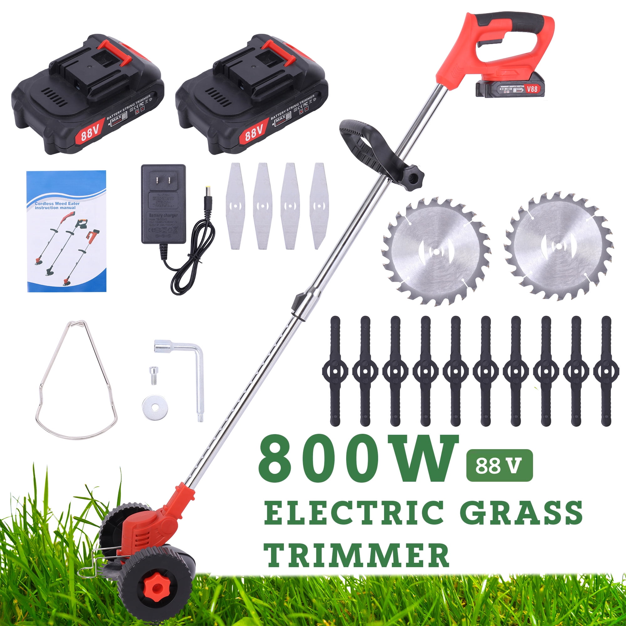 SAYFUT 88V 800W Electric Grass Trimmer Double Wheel Cordless Electric ...