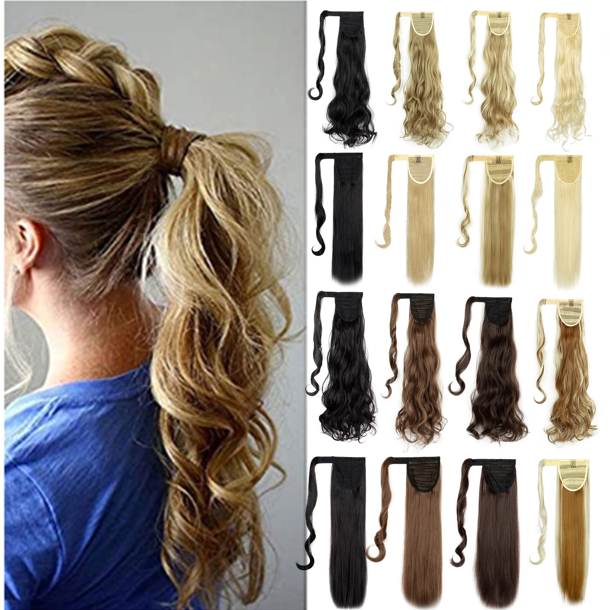 SAYFUT Black Ponytail Extension Wrap Around Long Straight Curly Wave Clip in Ponytails Hair Extensions for Women 20 22 Inch Synthetic Hairpiece 80g Walmart