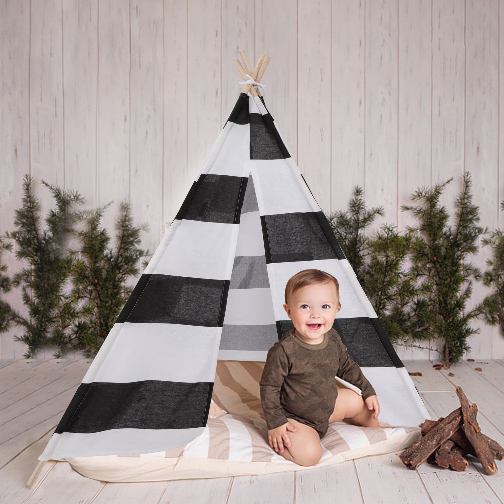 SAYFUT Teepee Tent for Kids Tent Indoor, Canvas Toddler Tent - Pompom ...