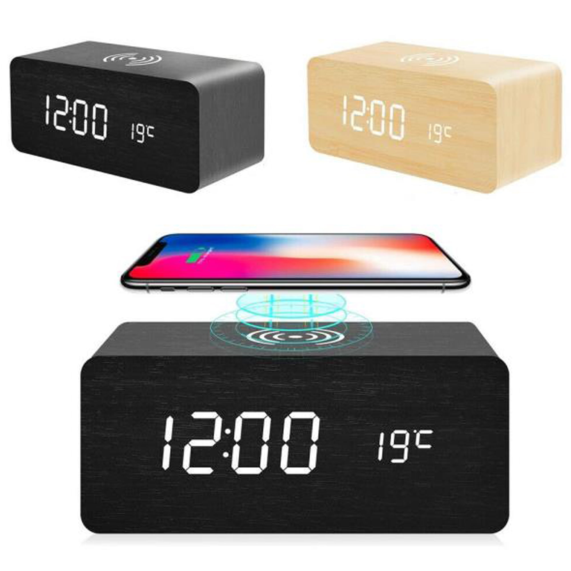 SAYFUT Modern Wooden Wood Digital LED Desk Alarm Clock Thermometer Qi ...