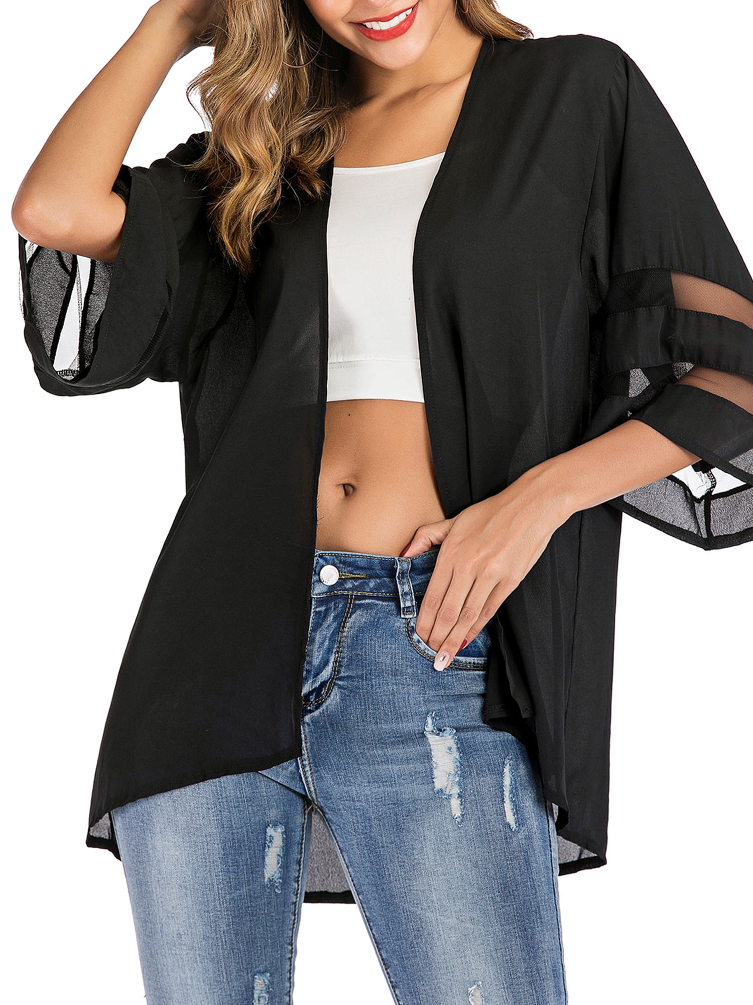 SAYFUT Plus Size Women's Open Front Mesh Panel 3/4 Bell Sleeve Kimono ...