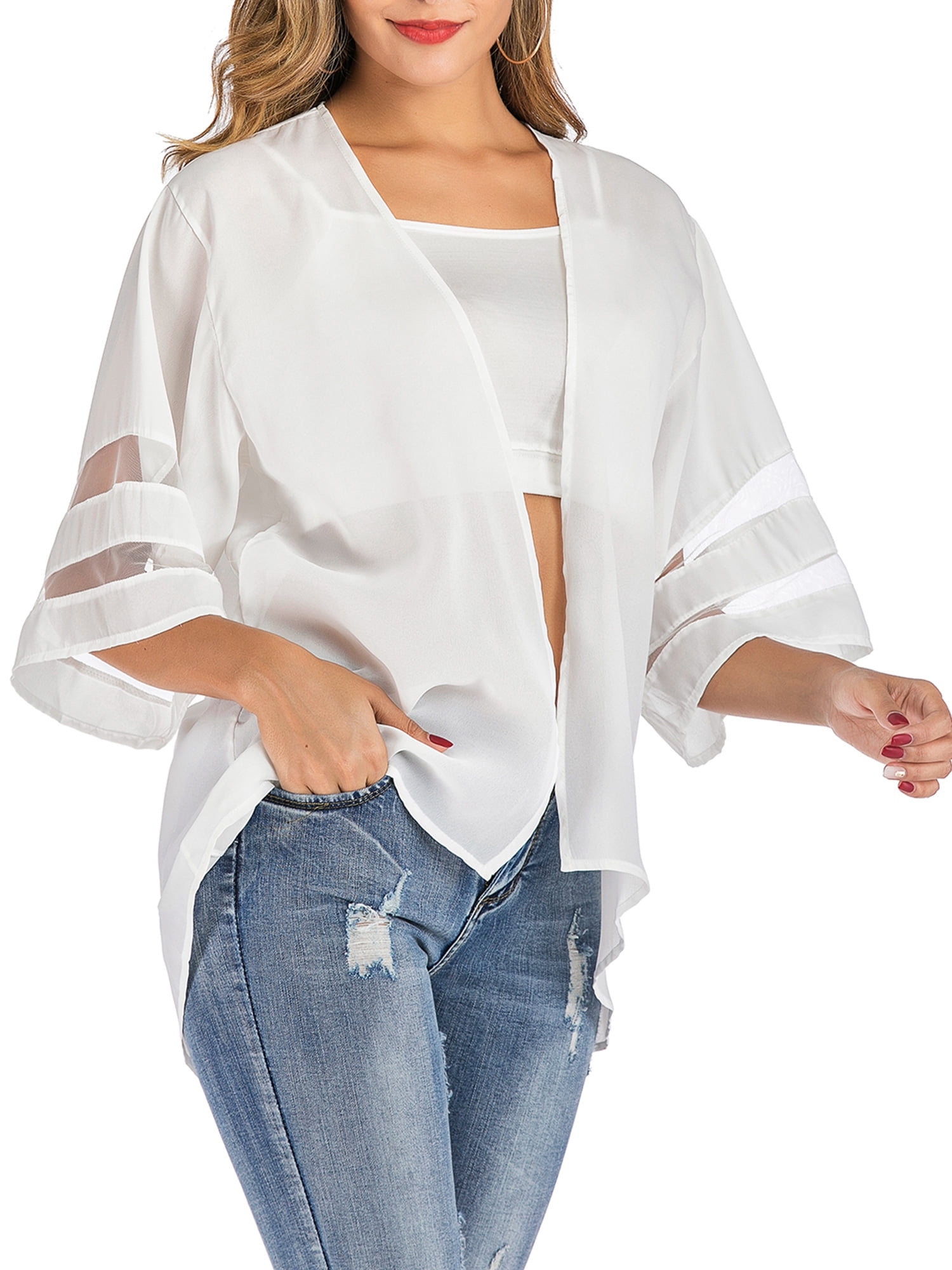 SAYFUT Plus Size Women's Open Front Mesh Panel 3/4 Bell Sleeve Kimono ...