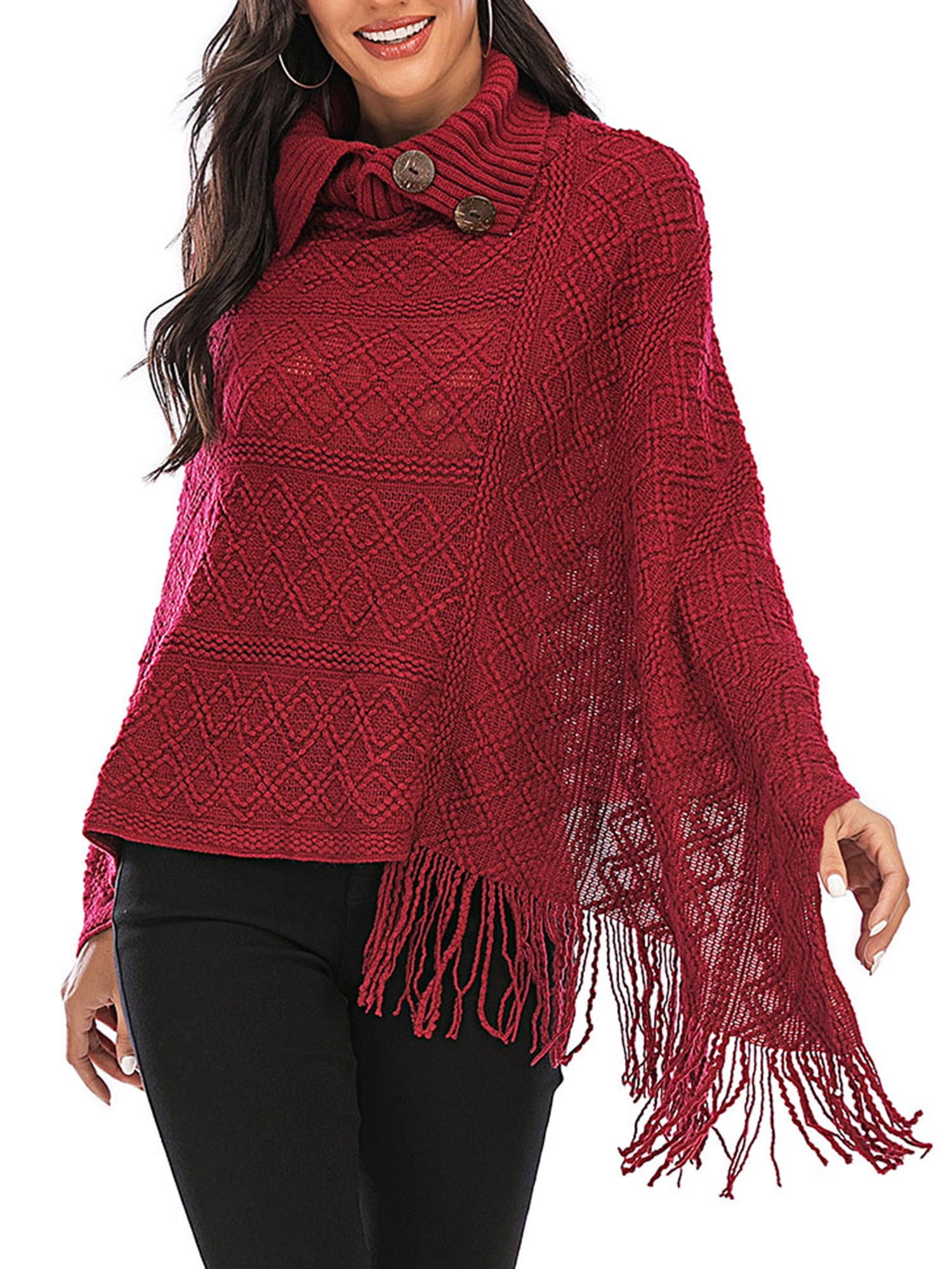 SAYFUT Pullover Poncho Sweater Turtleneck Capes Knitted Sweaters With ...