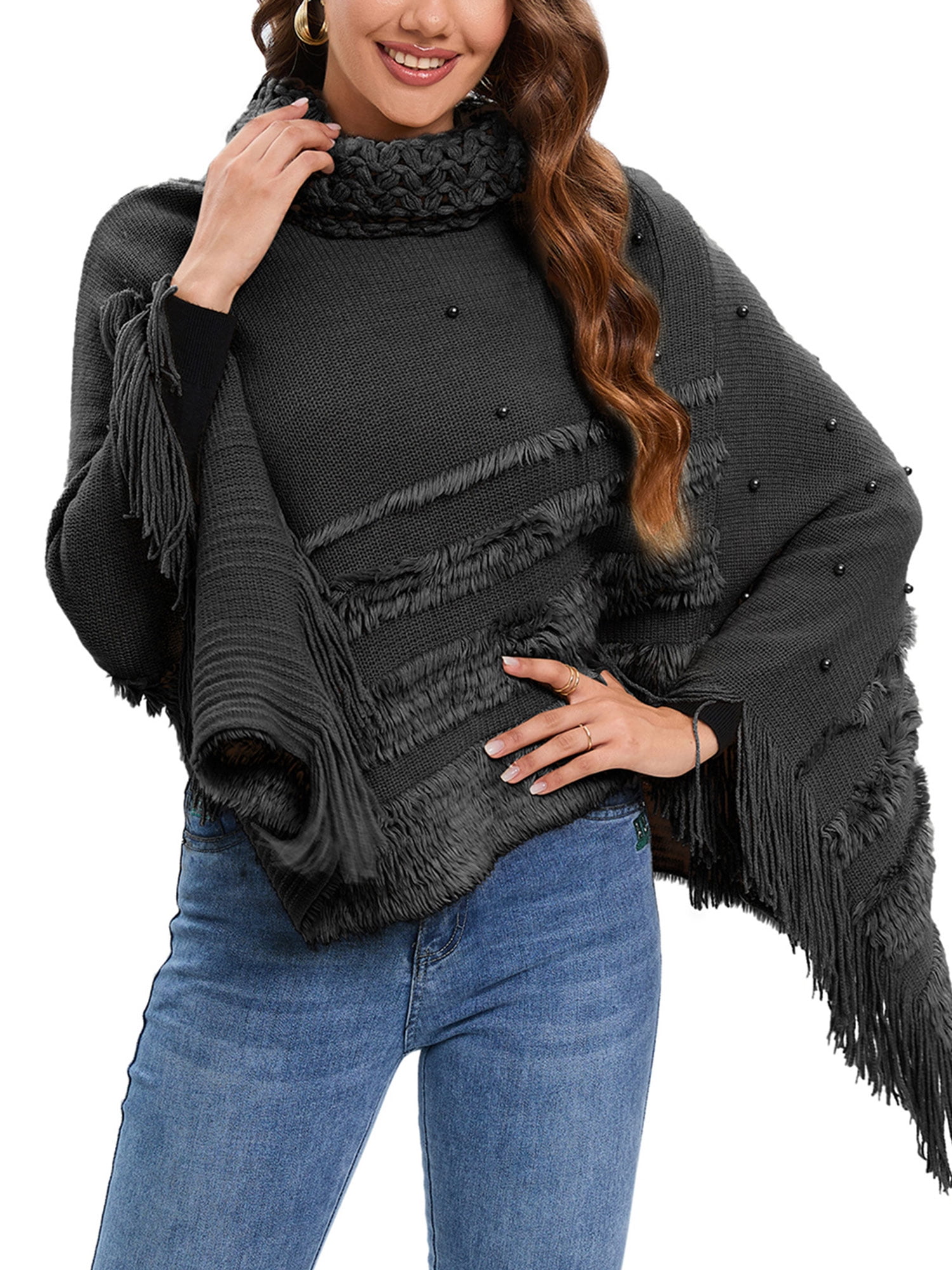 SAYFUT Women Chunky Knit Long Sleeve Ponchos Sweater For Travel Shawl ...