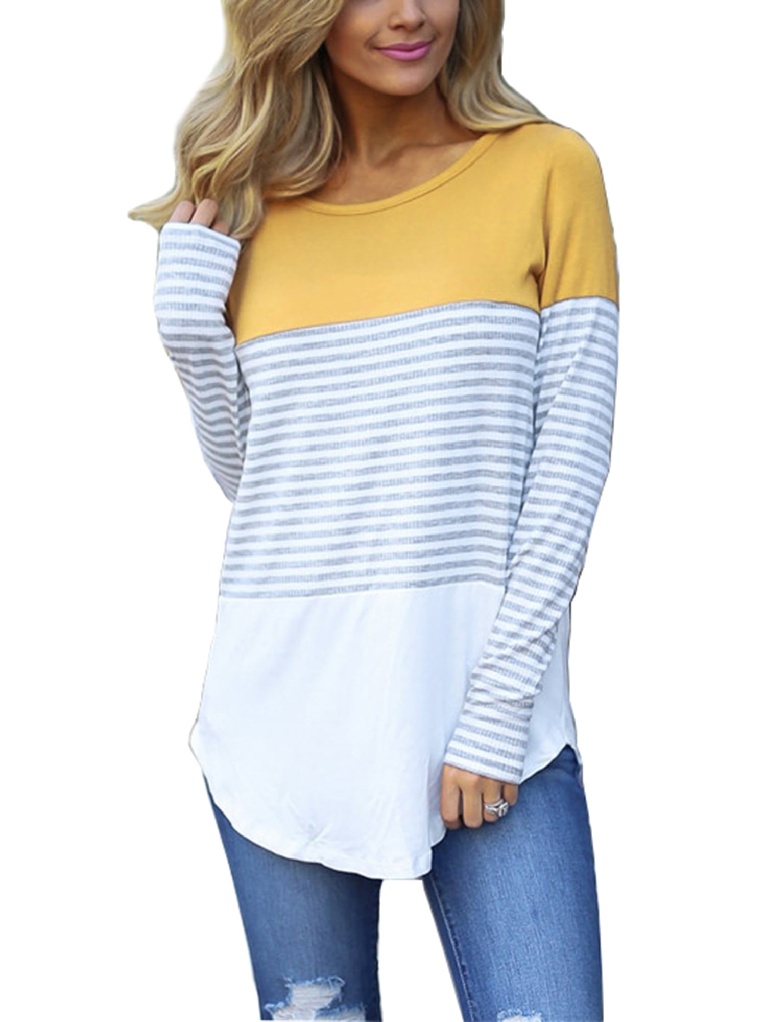SAYFUT Women Long Sleeve Triple Color Striped Round Neck T-Shirt Casual ...