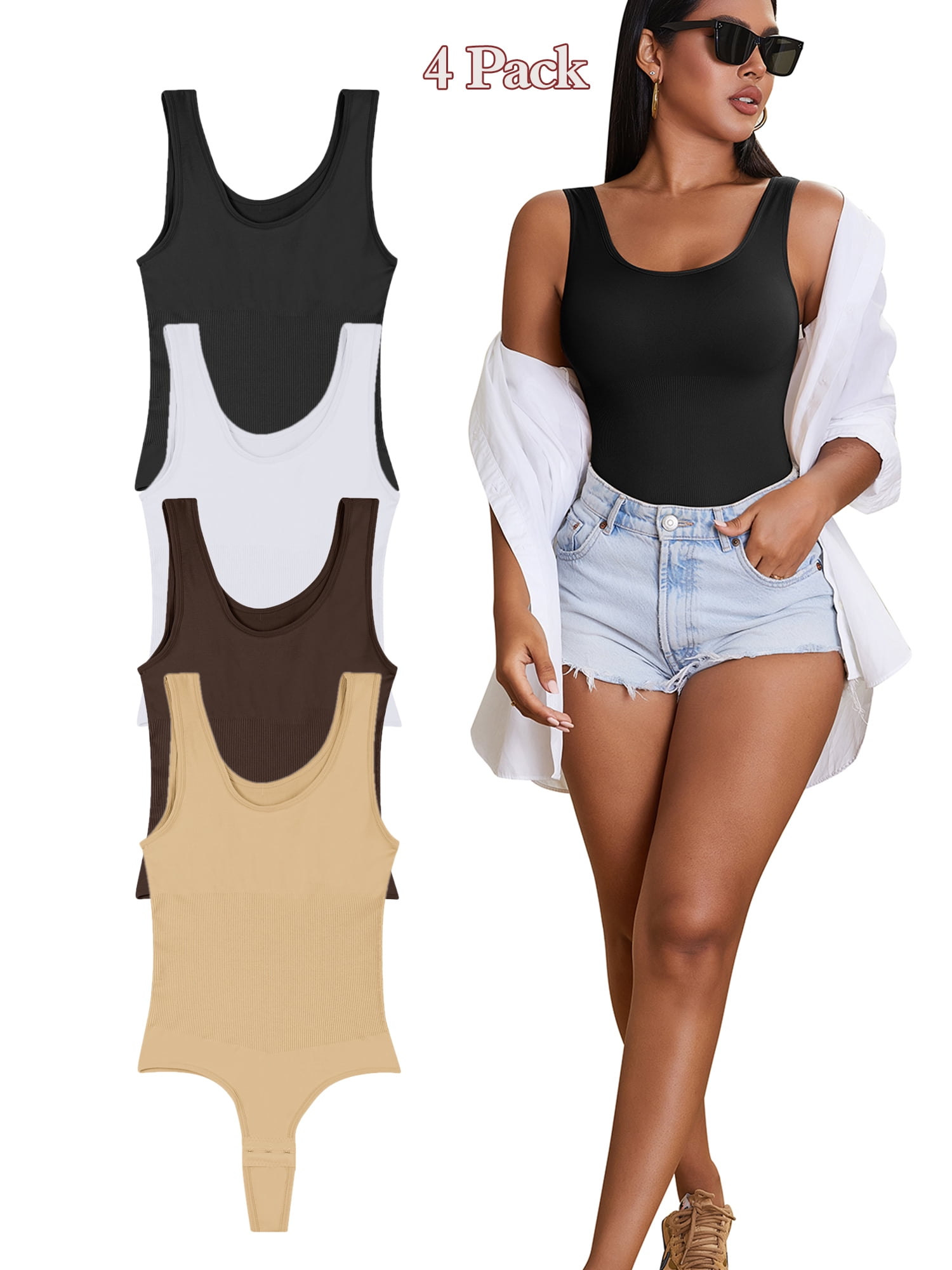 SAYFUT Women's 4 Piece Bodysuits Sexy Ribbed Square Neck Sleeveless Shapewear Tank Tops ...
