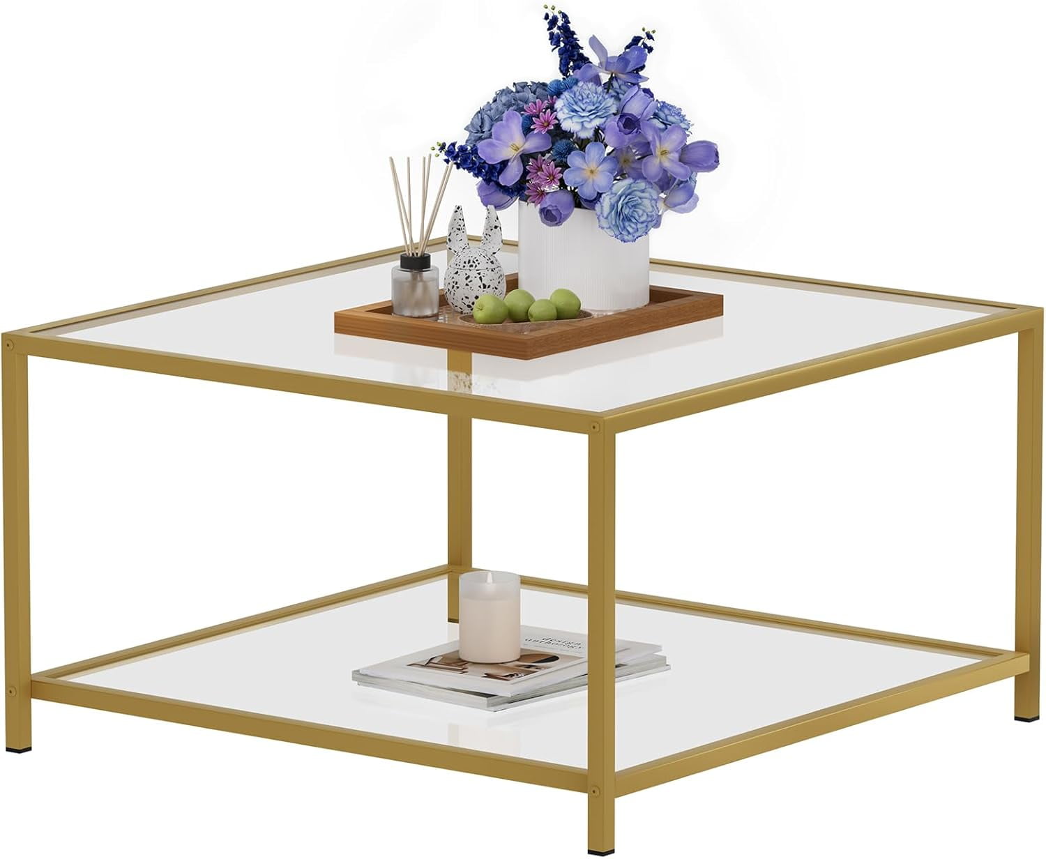 SAYGOER Glass Coffee Table with Storage 2-Tier Square Glass Center ...