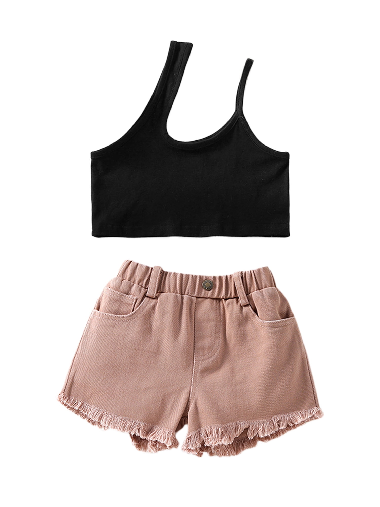 SAYOO Baby Kids Girls Shorts Set, Slanted Neck Vest with Solid Denim Shorts Summer Outfit ...