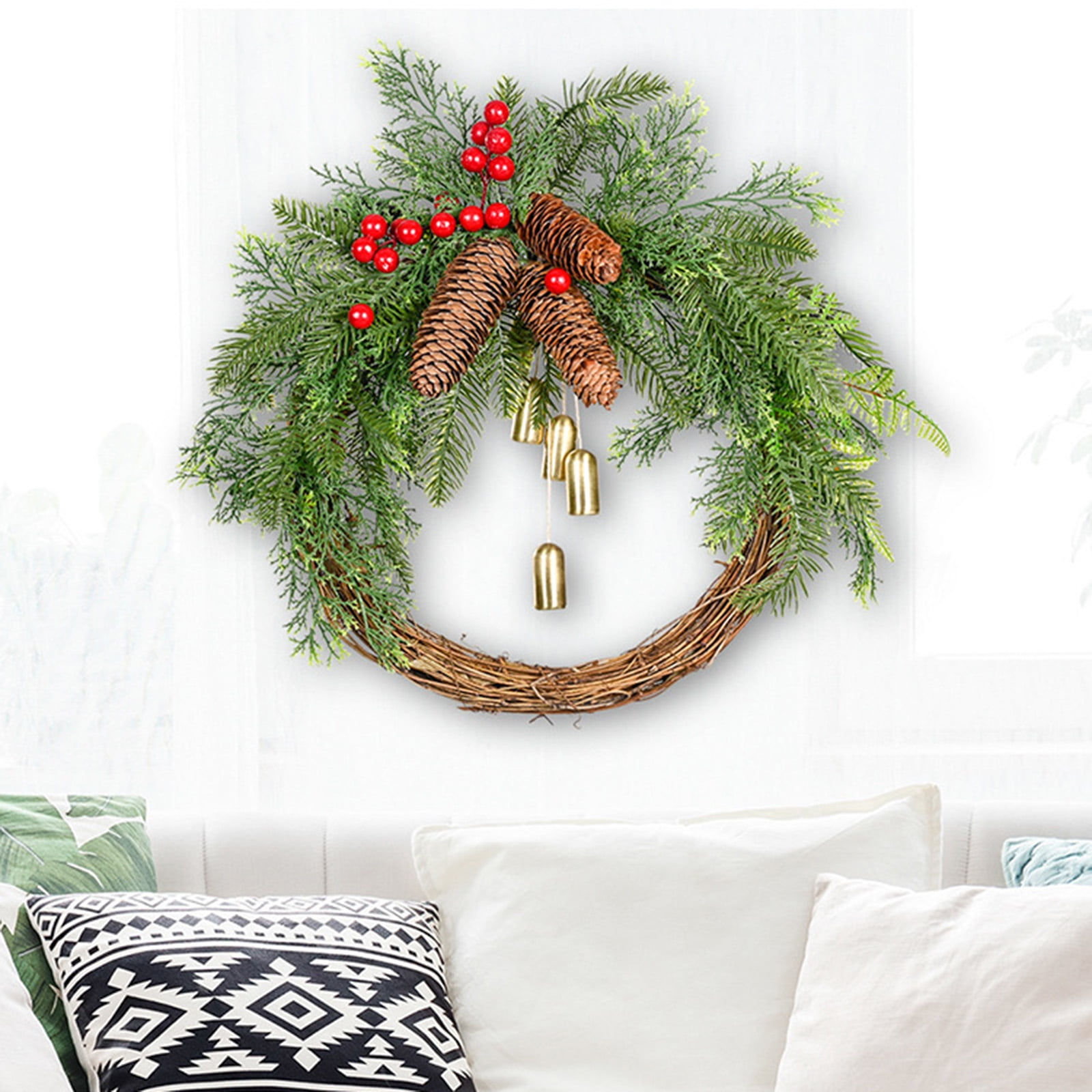 SAYOO Farmhouse Christmas Wreath, Boho Wreaths for Front Door, Golden Bells Hang Center Door ...