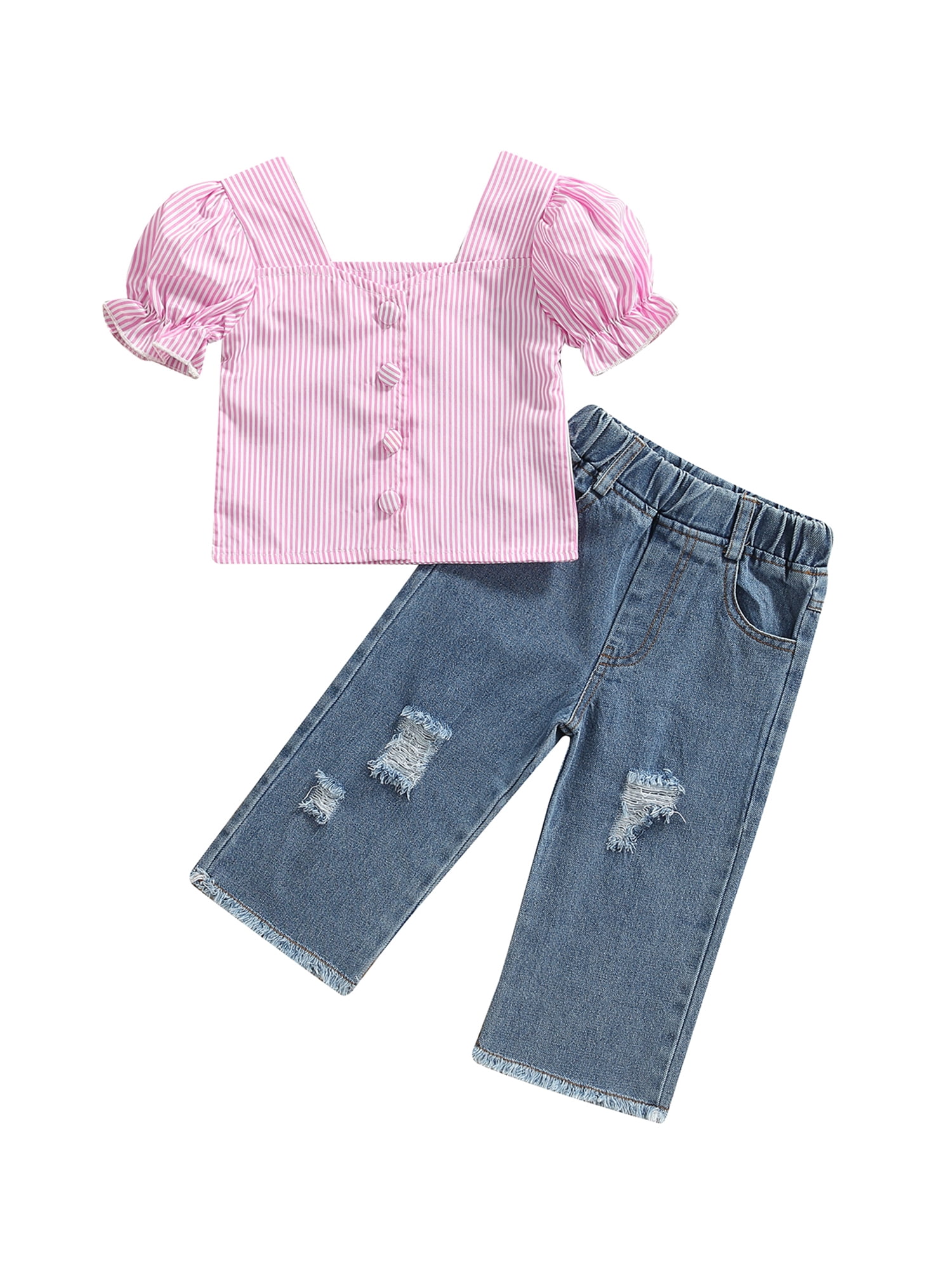 SAYOO Little Girls 2PCS Pants Set, Short Puff Sleeve Striped Crop T-Shirt, Ripped Long Denim ...