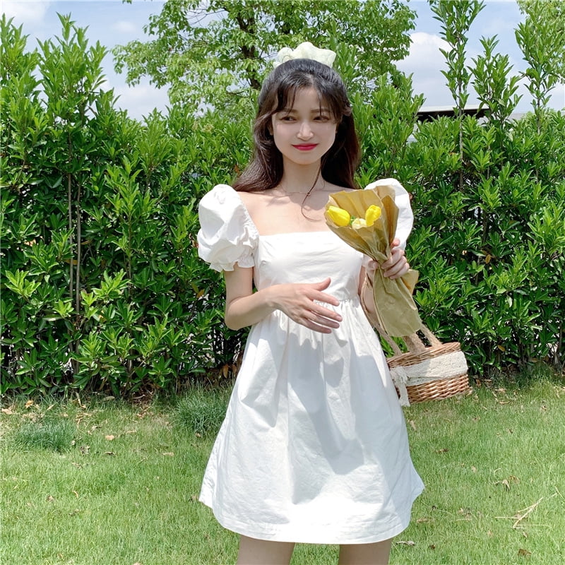 SAYOO Puff Sleeve Square Neck Dresses for Women, Bow Tie Backless Design Solid Color Dress ...