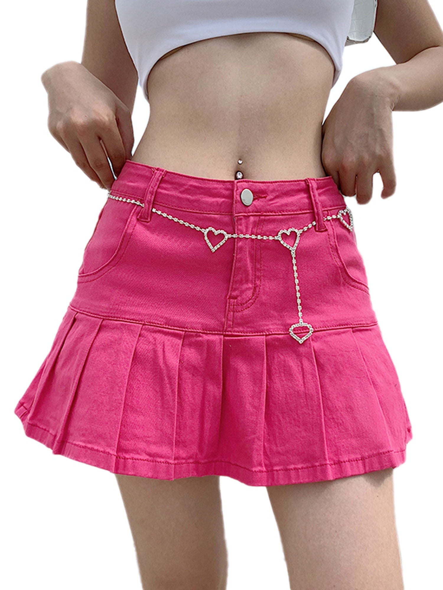 SAYOO Punk Denim Mini Pleated Skirt Ladies Summer High Waist Jeans ...
