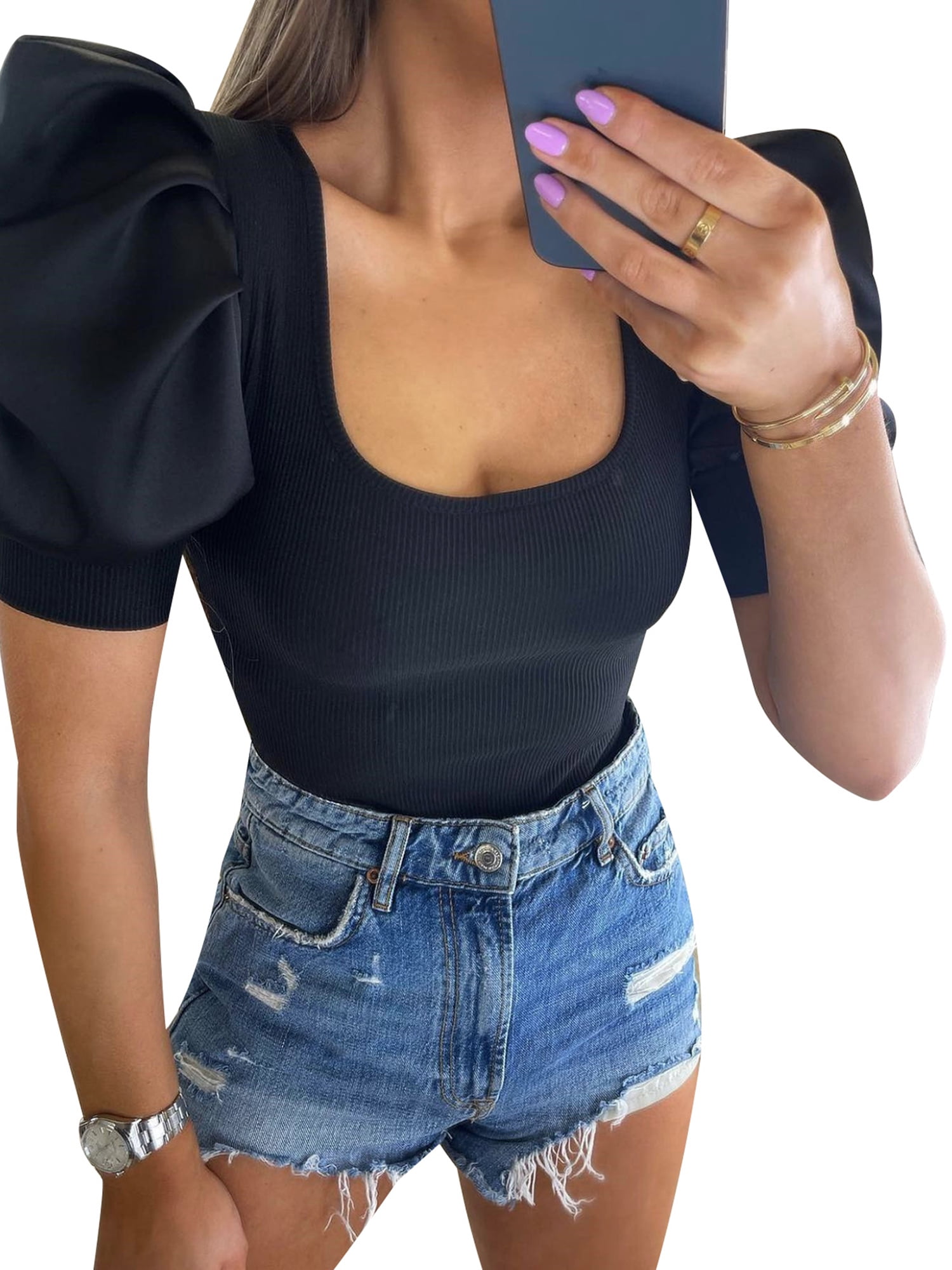 SAYOO Ribbed Crop Tops Women Short Puff Sleeve Patchwork Lowcut Neck ...