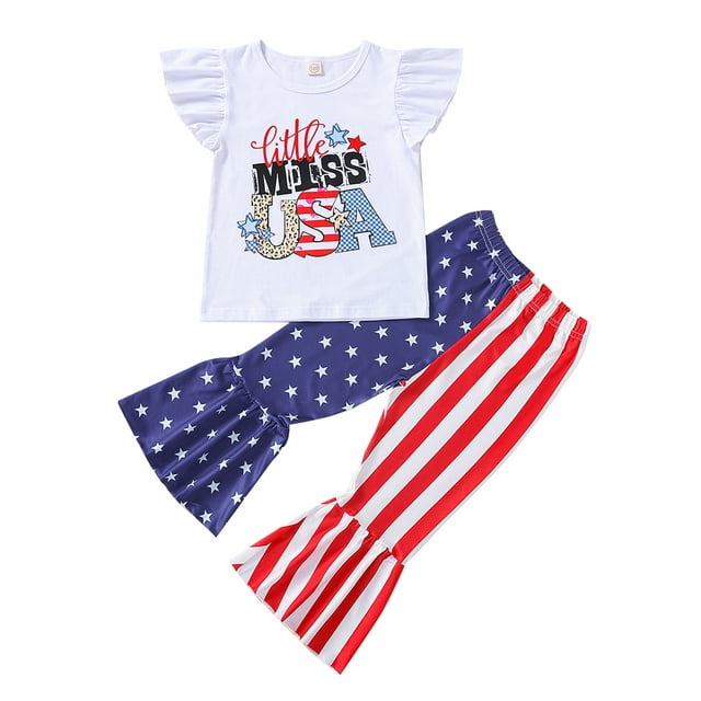 SAYOO Toddler Girls 4th of July Outfits, Fly Sleeve Letter T-Shirt + Star Striped Flare Pants ...