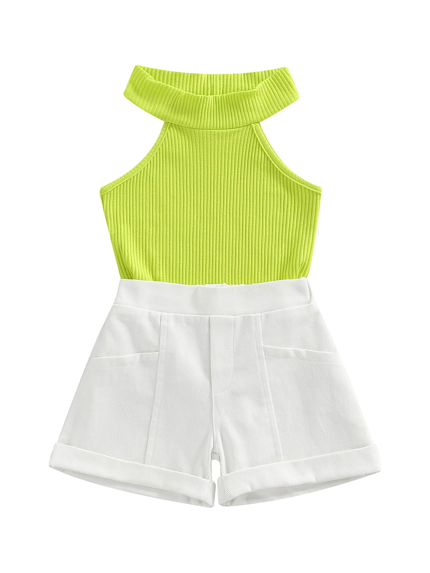 SAYOO Two Piece Girl’s Summer Clothes Fashion Solid Color Round Neck Vest and Pockets Short ...