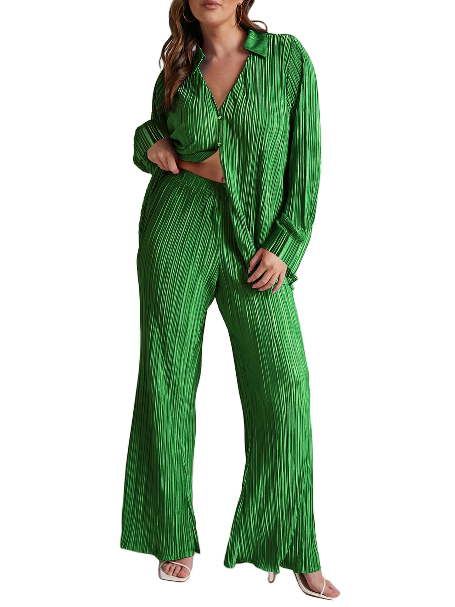 SAYOO Women Pants Set, Long Sleeve Button-down Shirt with Flare Pants Fall Outfit for Casual ...