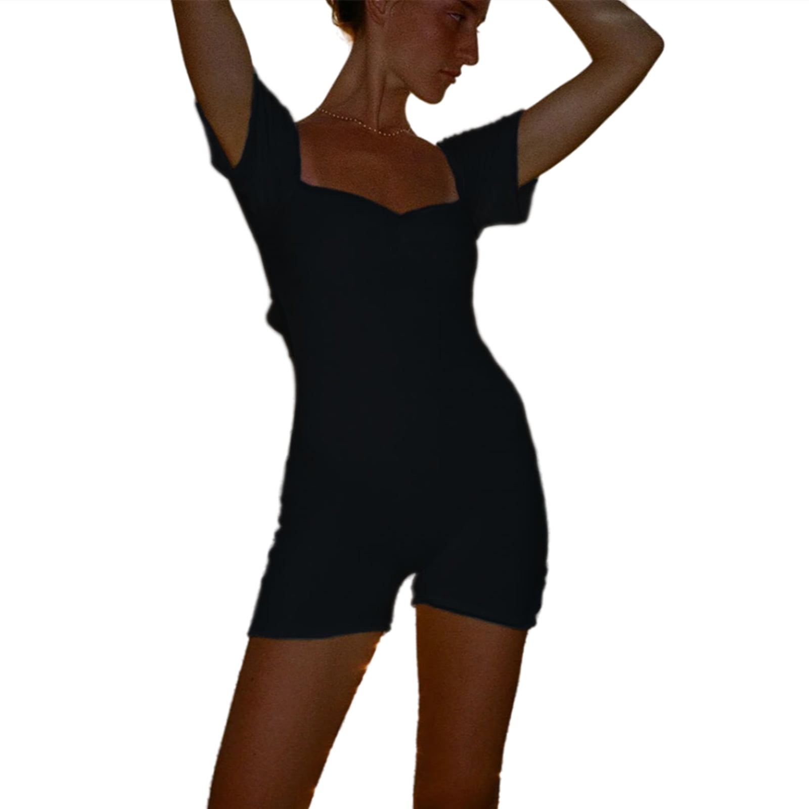 SAYOO Women Solid Color Playsuit, Short Sleeve Low-Cut Neck Cutout Back ...