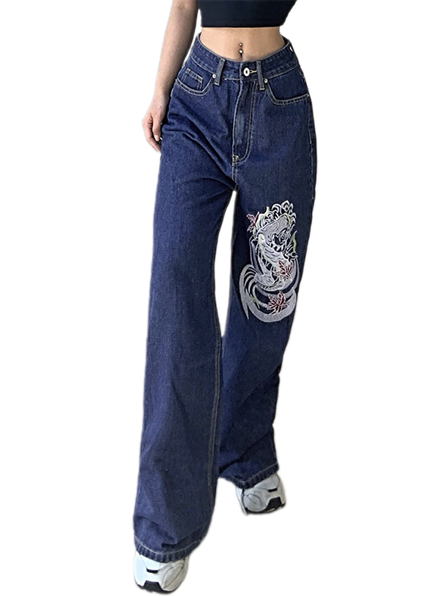 SAYOO Women Wide Leg Jeans, High Waist Embroidered Pattern Relaxed Fit ...