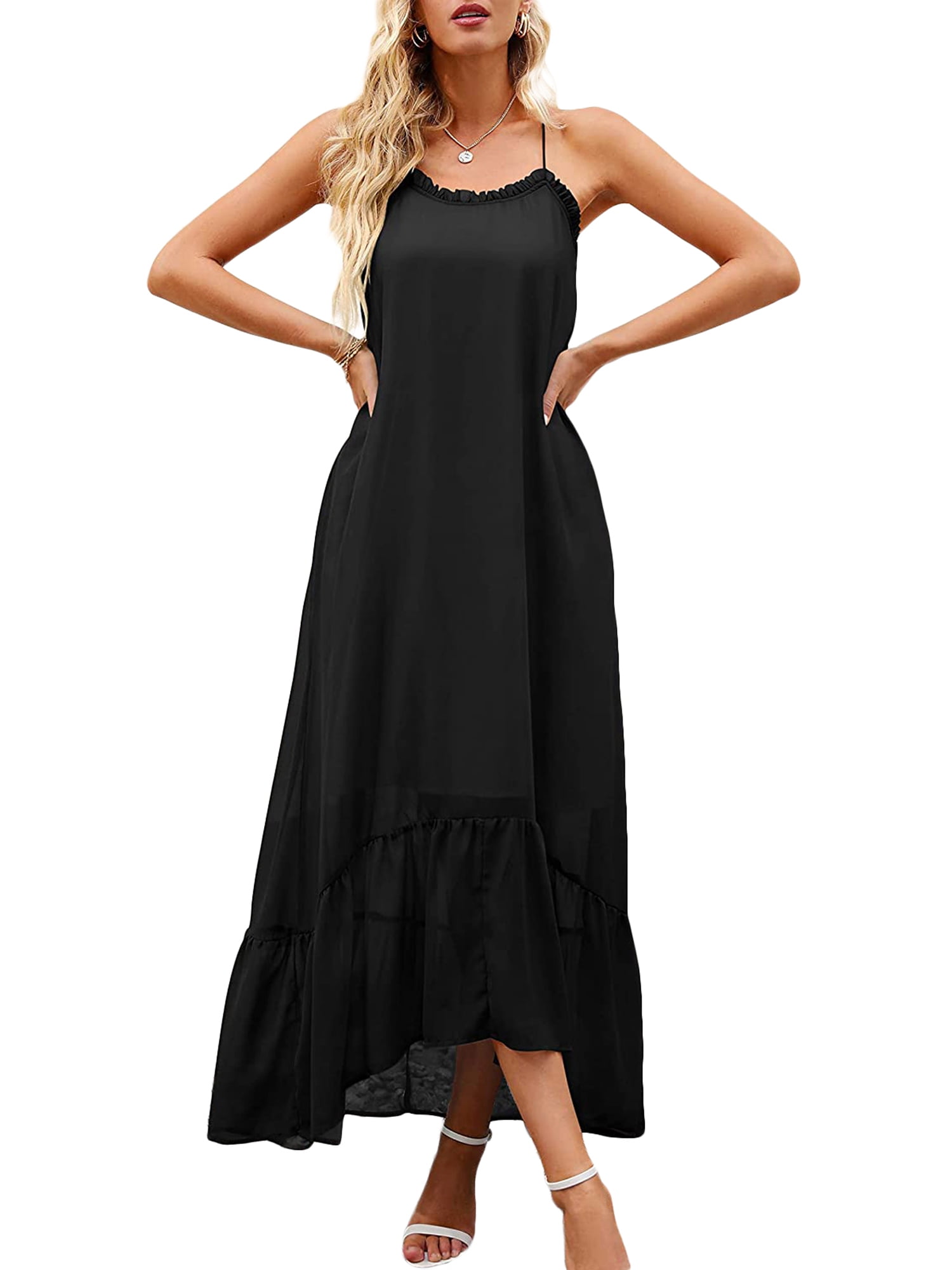 SAYOO Women's Summer Sleeveless Dress Floral Patterns Ruffled Neckline ...