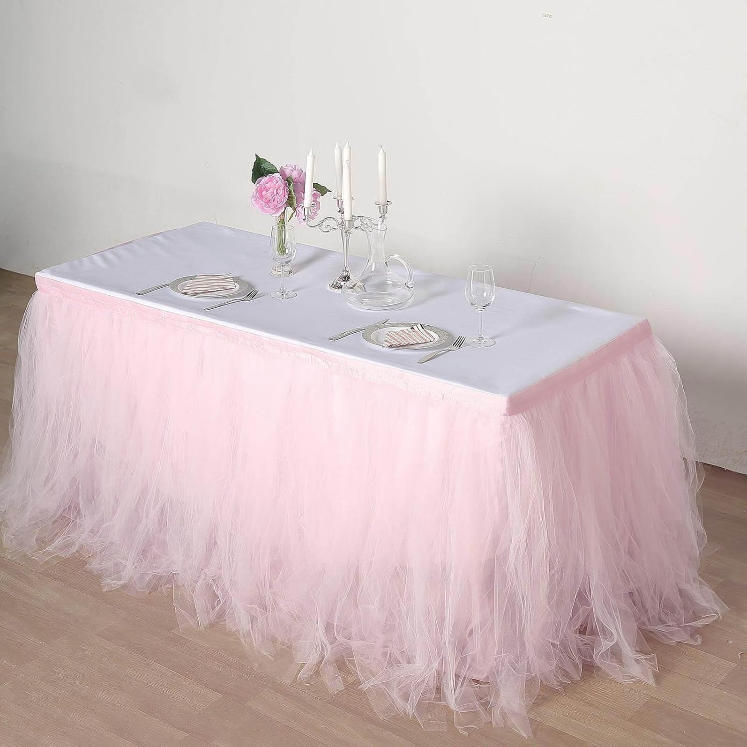 SAZYY 14ft Blush Pink Full Size 4-Layer Fluffy Tulle Tutu Table Skirt ...