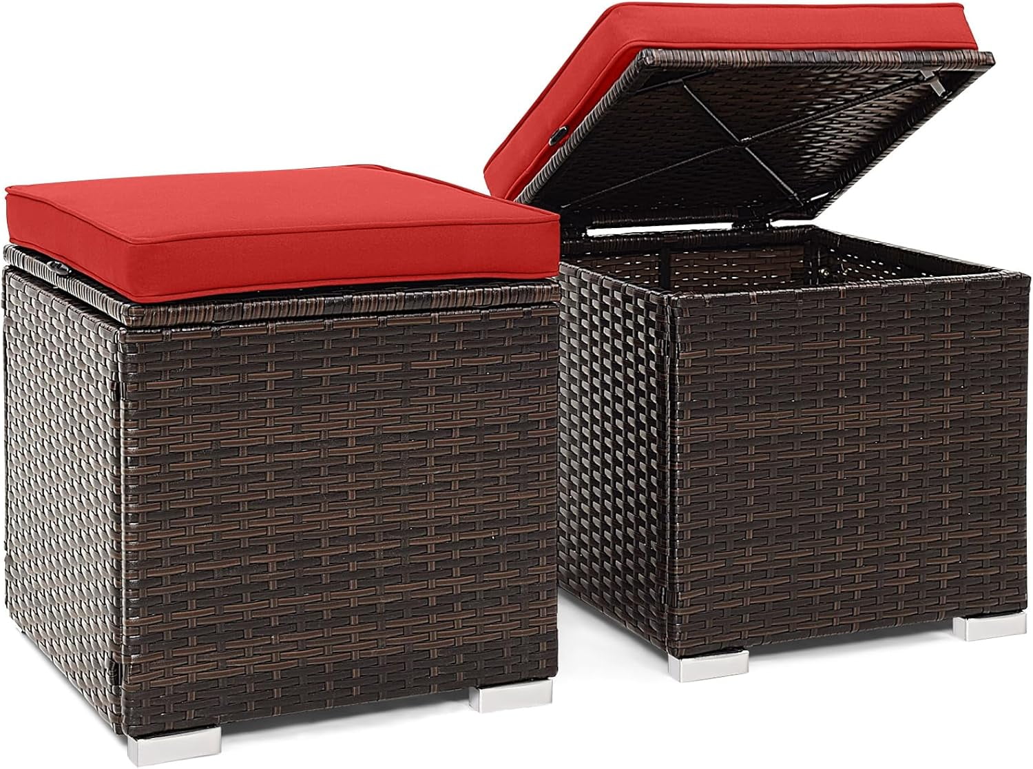 SAZYY 2 Pieces Patio Ottomans, Patiojoy Hand-Woven PE Rattan Side Table ...