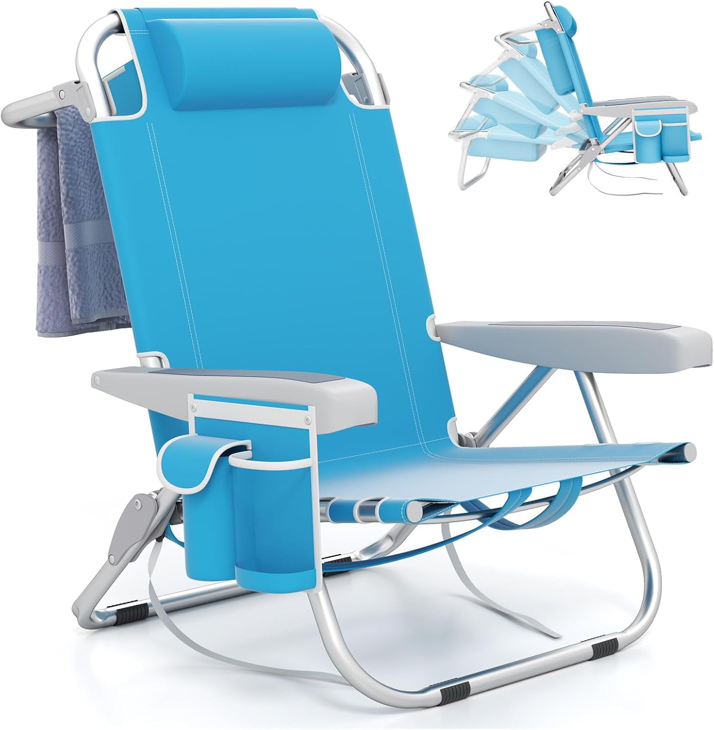 SAZYY Beach Chair, Foldable Backpack Chair with 5 Adjustable Position ...