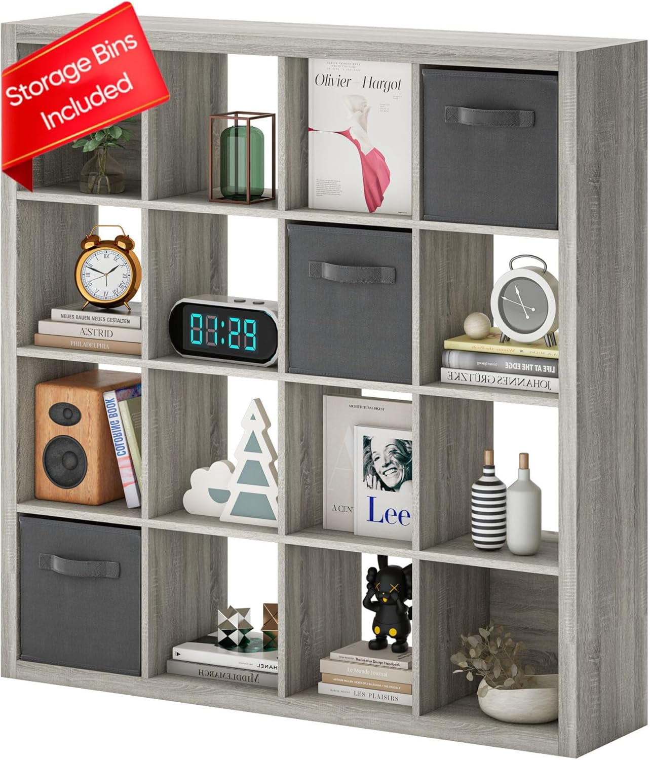 SAZYY Bookshelf with Storage Bin, Storage Organizer, Modern Wood Open ...