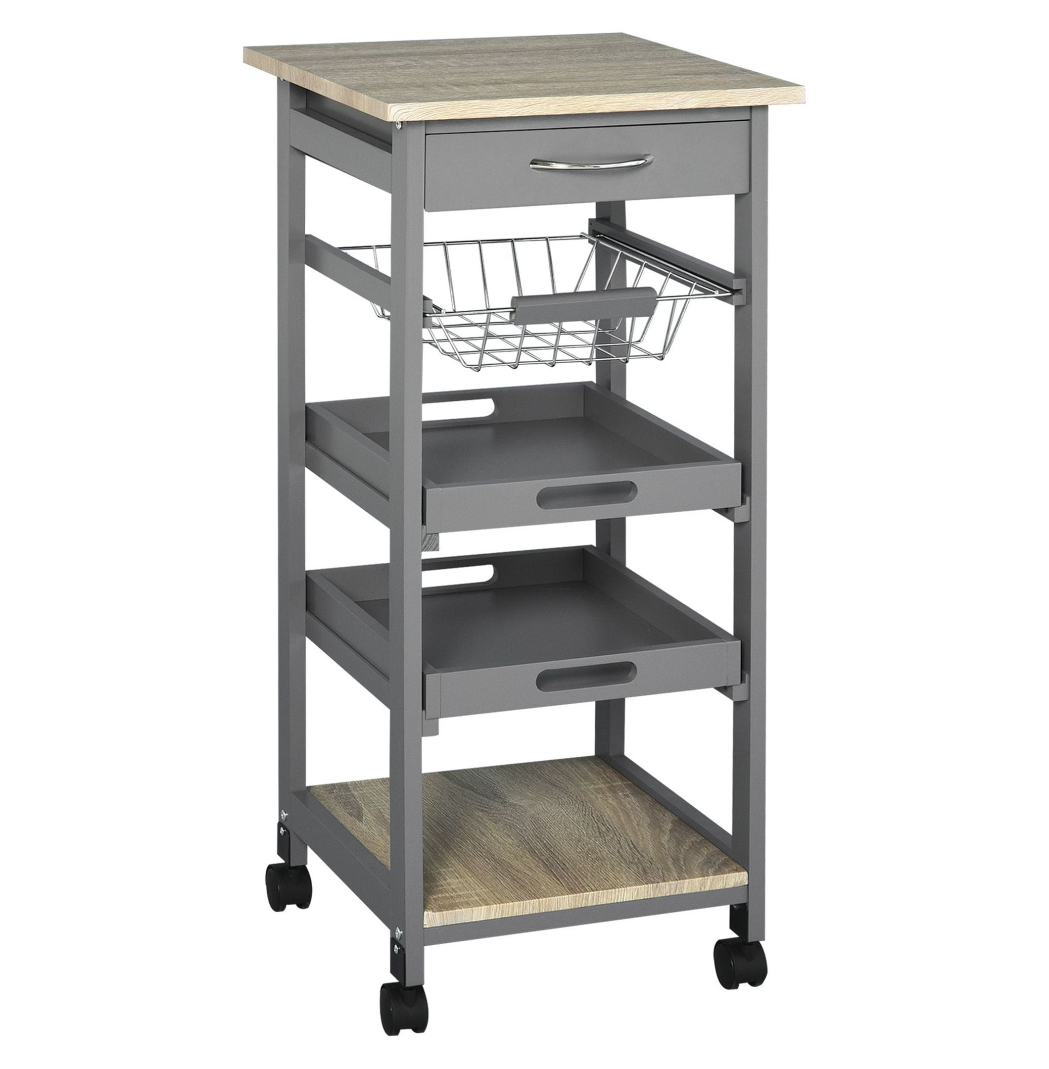 SAZYY Gray Rolling Kitchen Cart with Pull-Out Tray & Slide-Out Basket ...