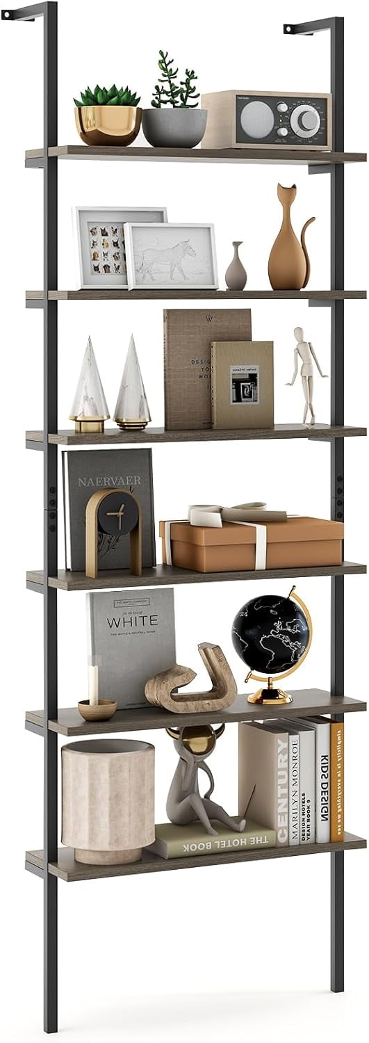 SAZYY Industrial 6-Tier Bookshelf, 72" Tall Wall Mounted Ladder Shelf ...