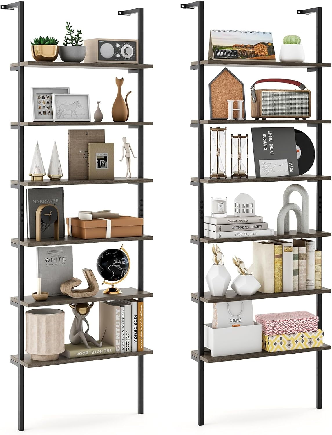 SAZYY Industrial 6-Tier Bookshelf, 72" Tall Wall Mounted Ladder Shelf ...