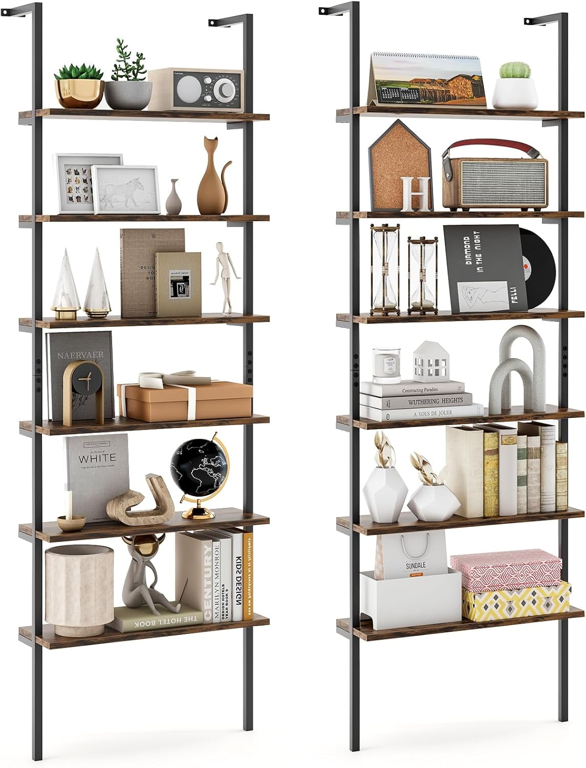 SAZYY Industrial 6-Tier Bookshelf, 72" Tall Wall Mounted Ladder Shelf ...