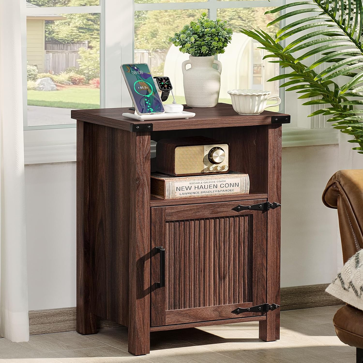 SAZYY Night Stand with Charging Station and USB Port, 18 Inch Farmhouse ...