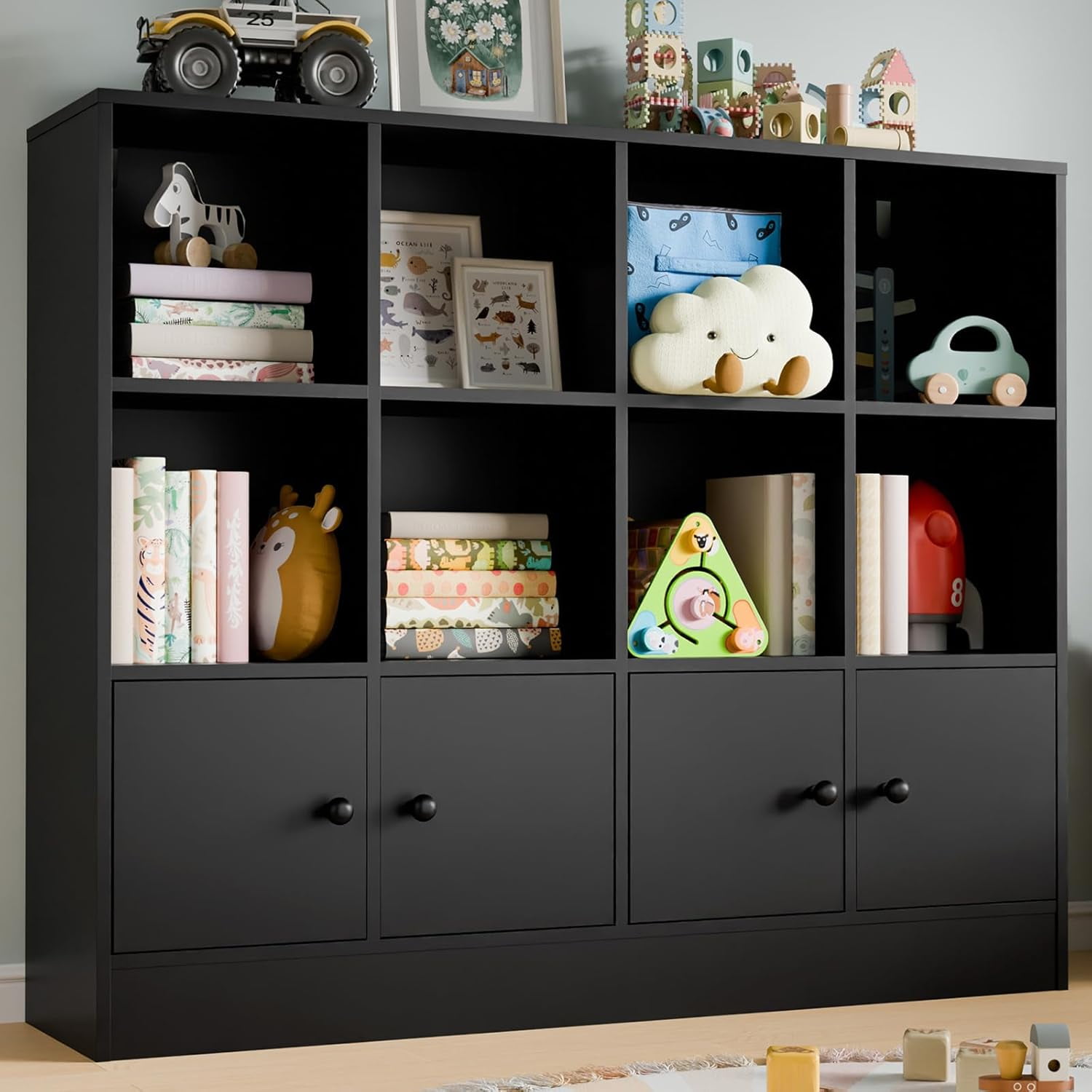 SAZYY Wood Bookcase,12 Cube Storage Organizer Bookshelf with 4 Doors,3 ...