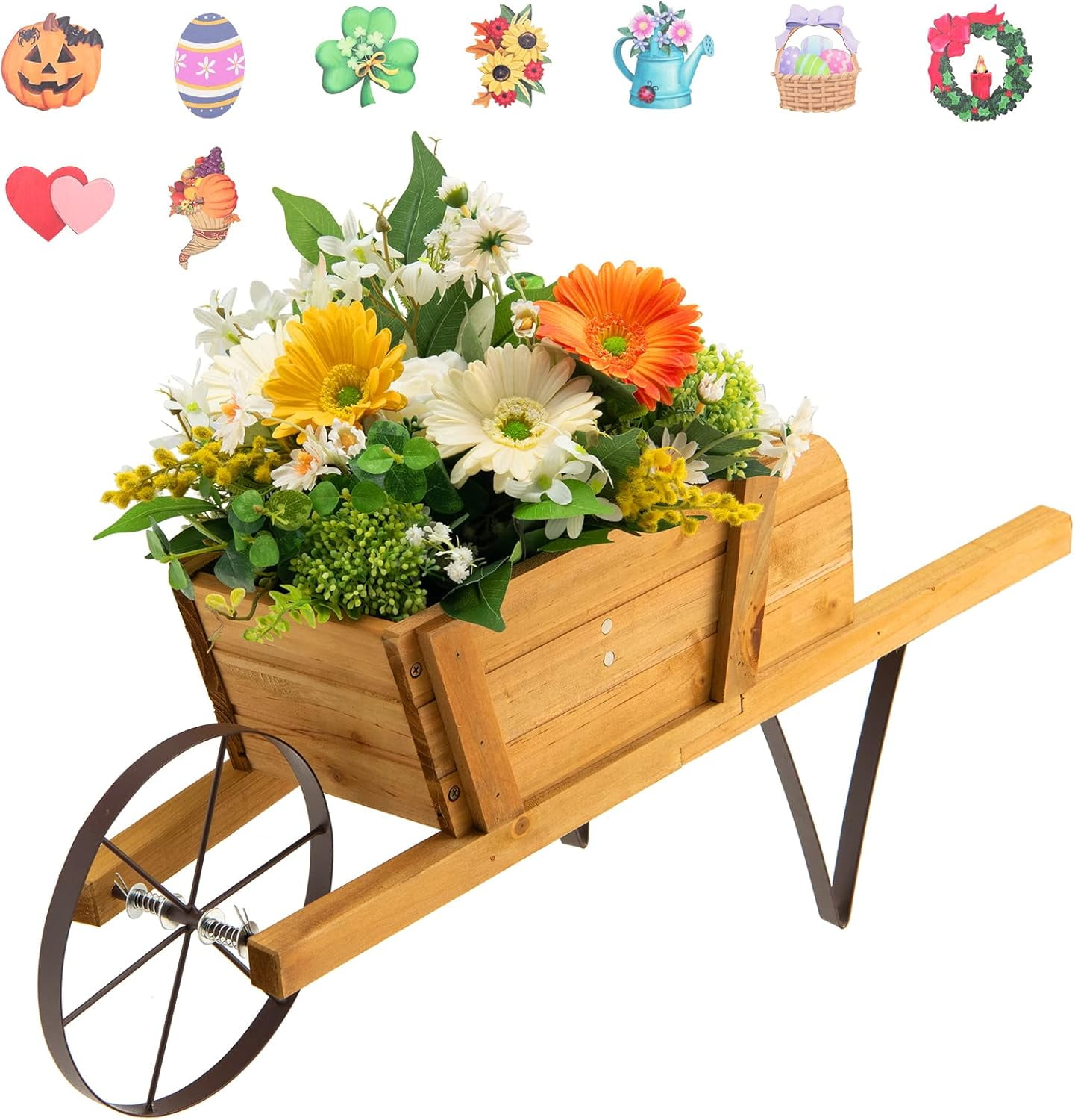SAZYY Wood Wagon Planter, Small Wheelbarrow Wagon Cart, Indoor ...
