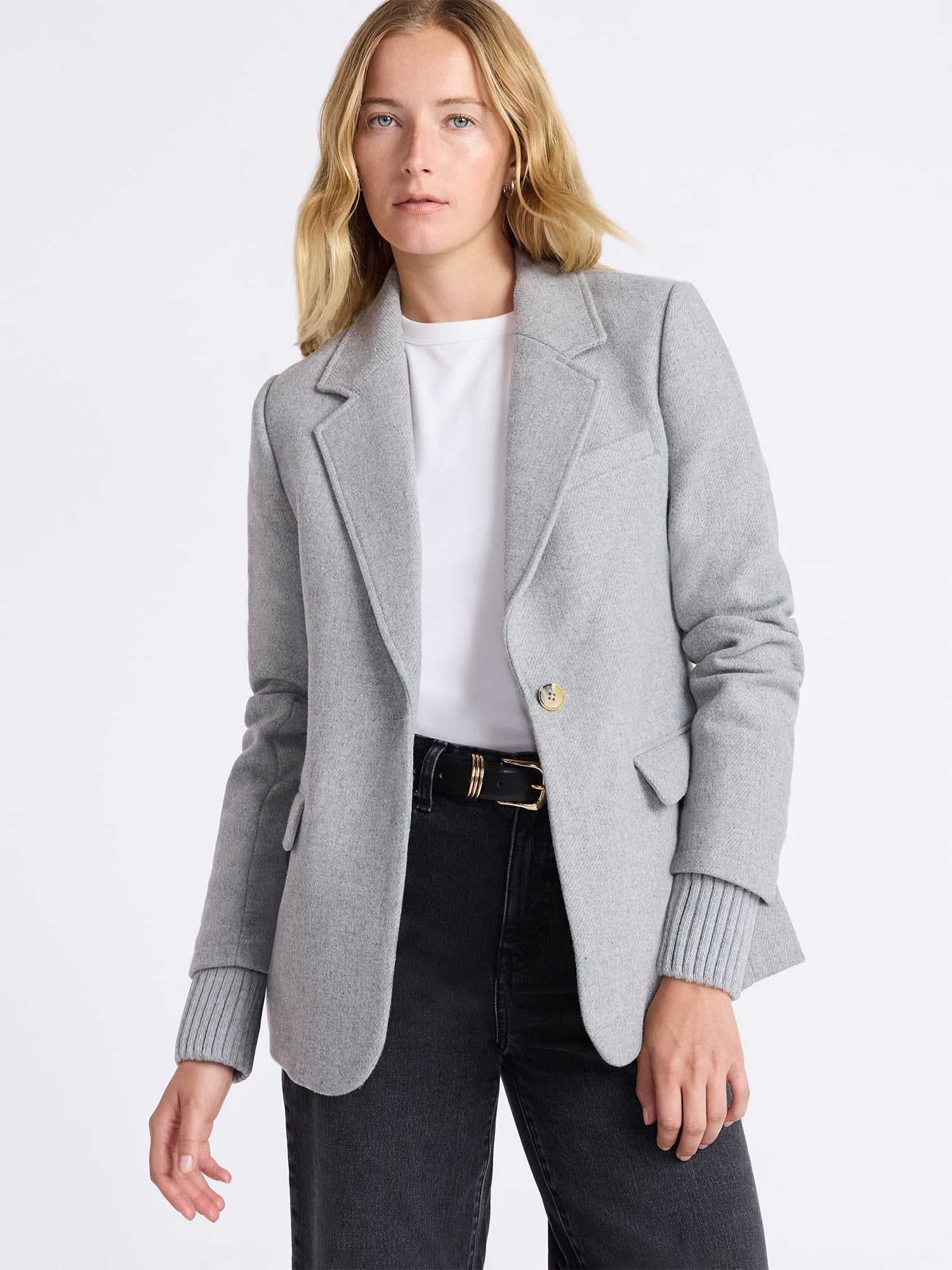 Free Assembly Women's Single Breasted Blazer with Ribbed Sweater Cuffs ...