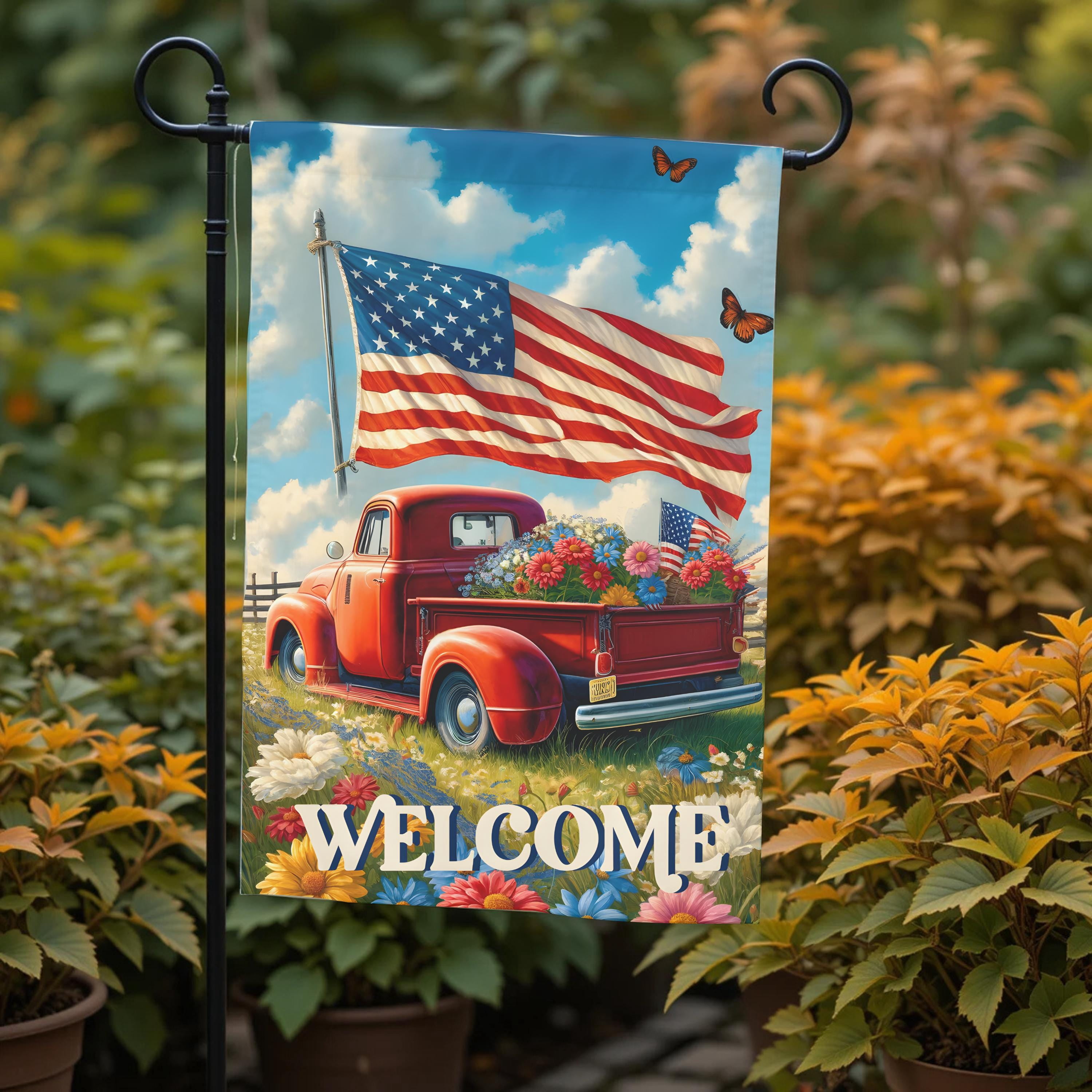 SBEMP Welcome Garden Flag: Vintage Red Truck and Flowers (Double-Sided ...
