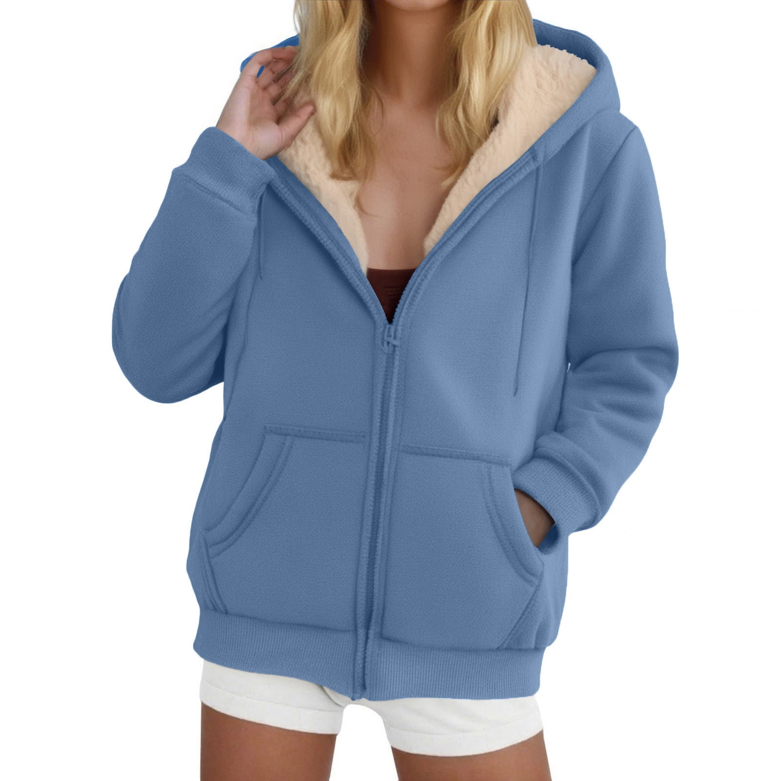 SBYOJLPB Plus Size Coat for Women's Solid Color Hooded Fleece Zip Up ...
